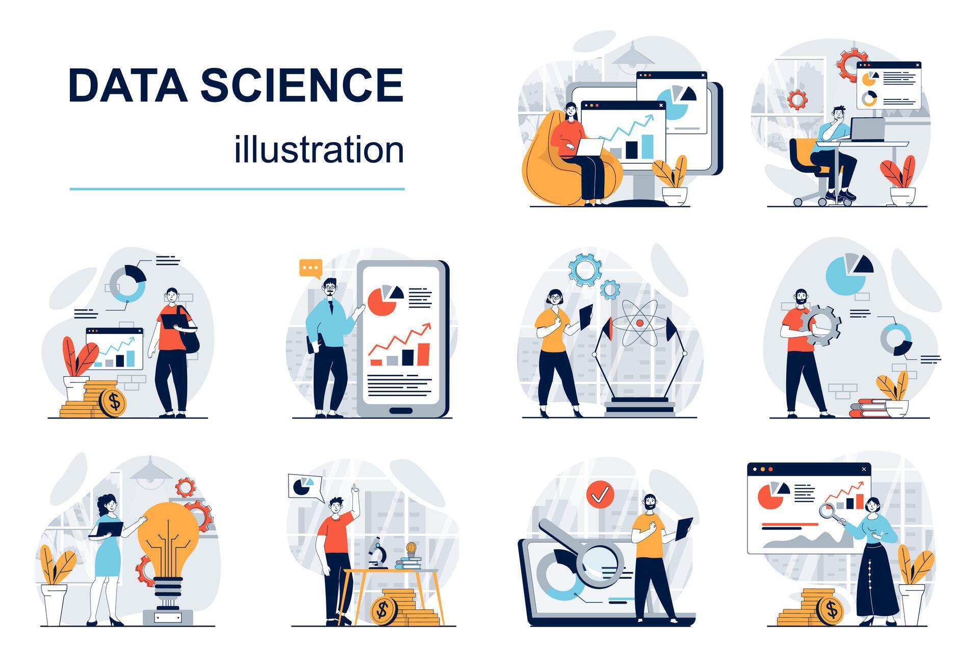 Data science concept with character situations mega set. Bundle of scenes people, making science ...