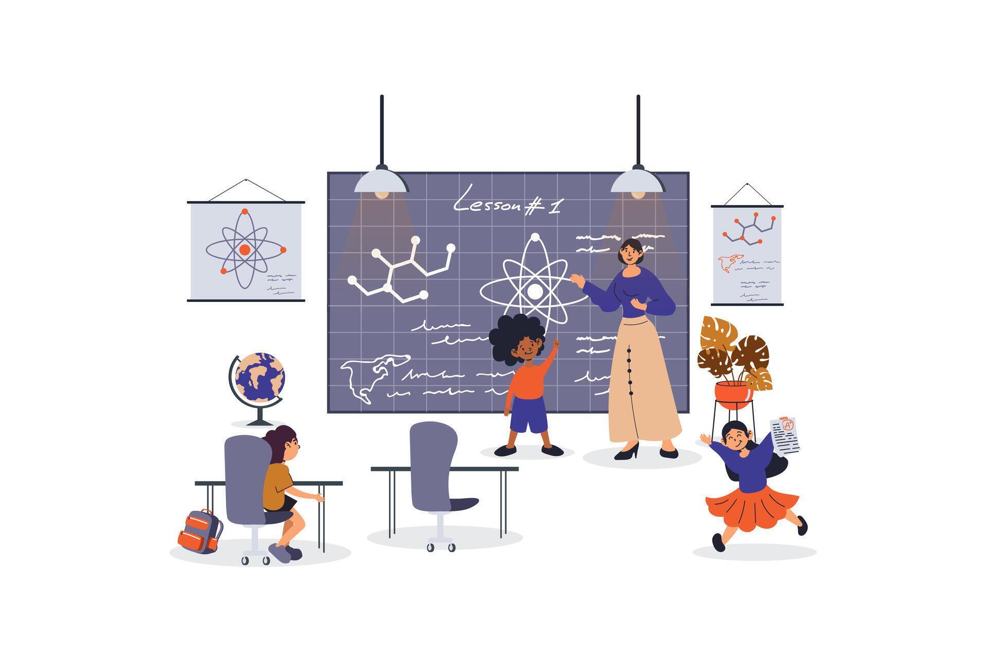 School learning concept with character scene for web. Teacher by ...