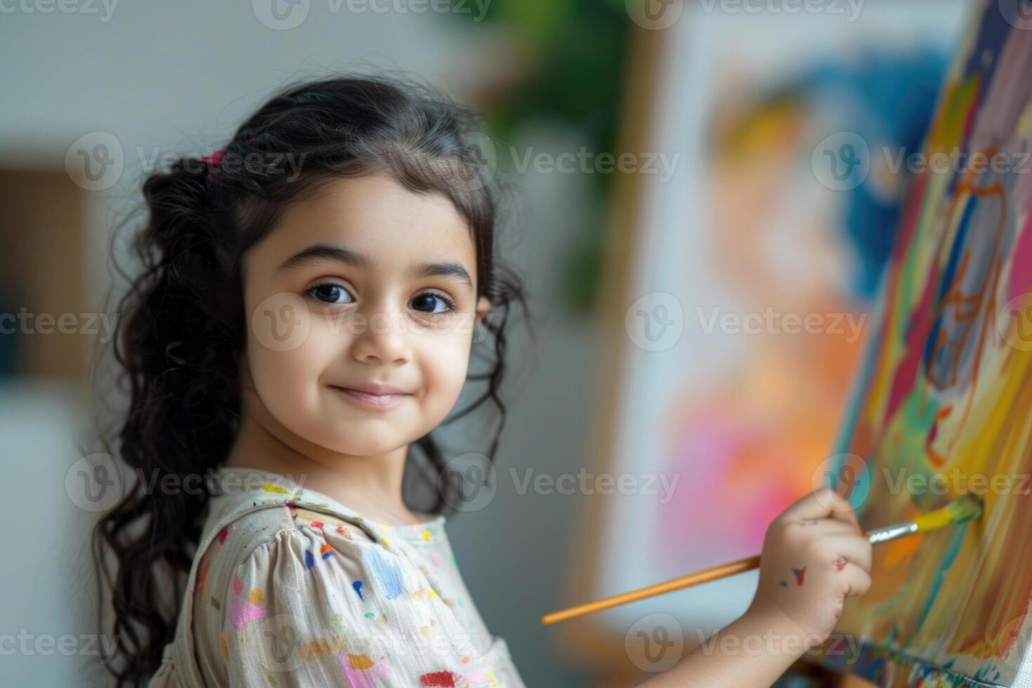 AI generated Cute Indian little artist smiles and paints with a brush on an easel 41313447 Stock ...
