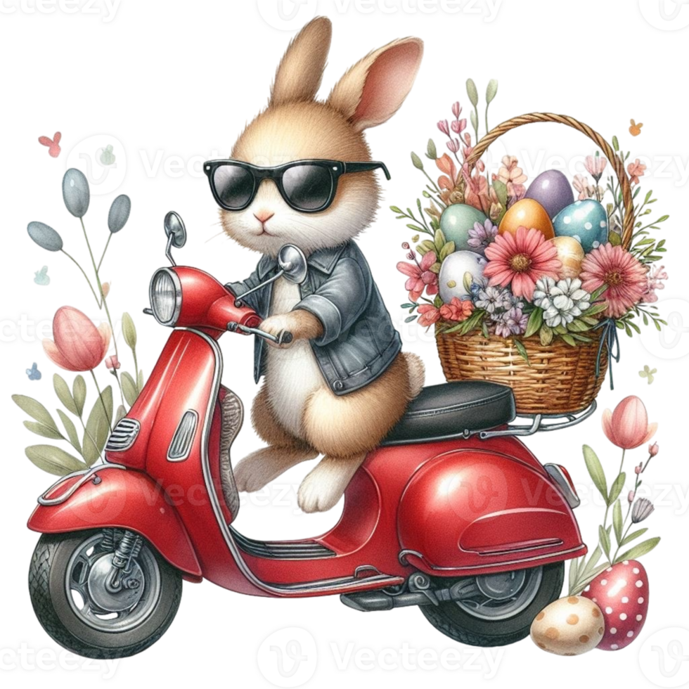 Ai Generated Easter Bunny Riding A Scooter With Flowers And Easter Eggs
