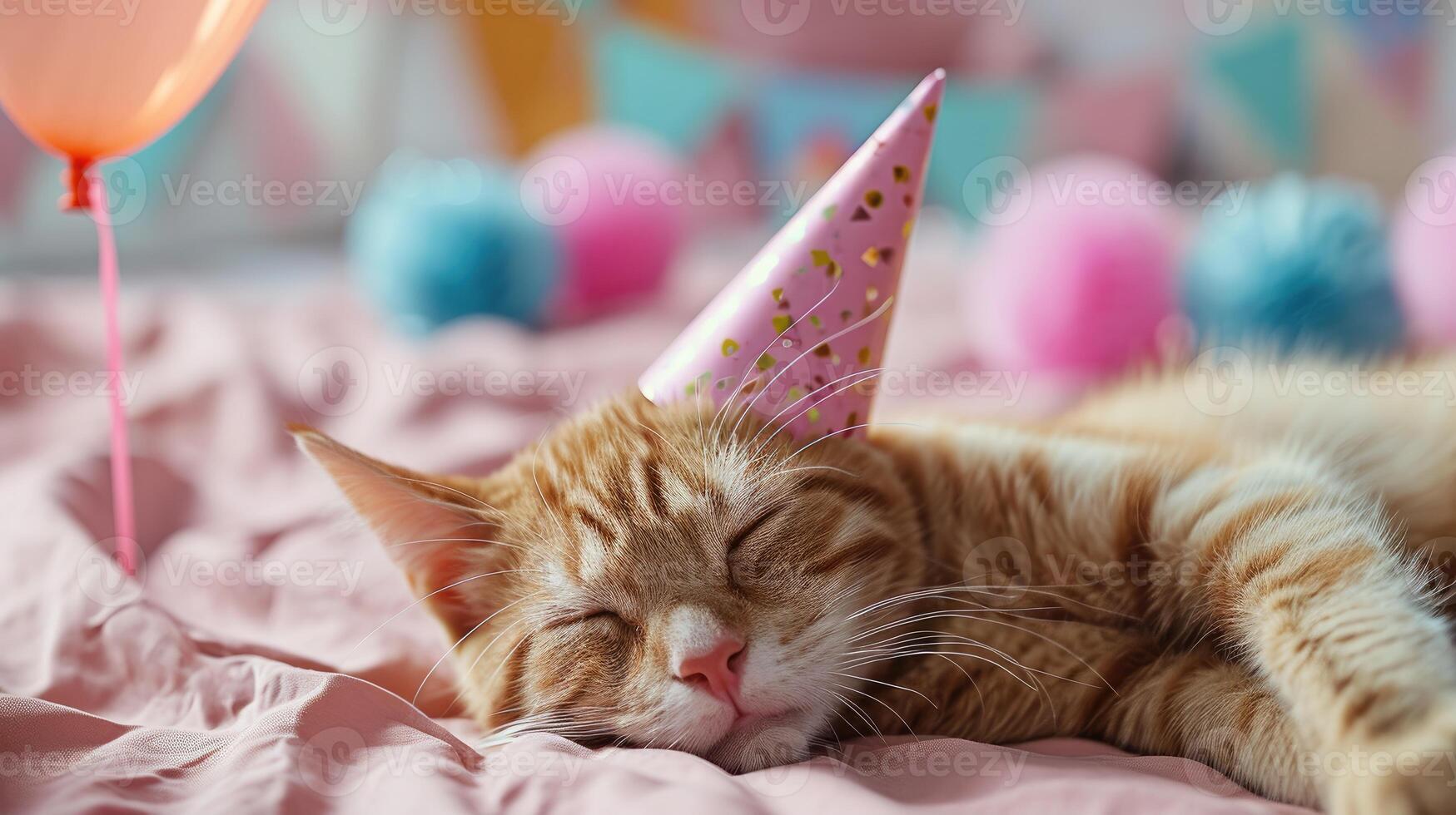 Ai Generated Funny Cat Celebrating Birthday On A Bed With A Party