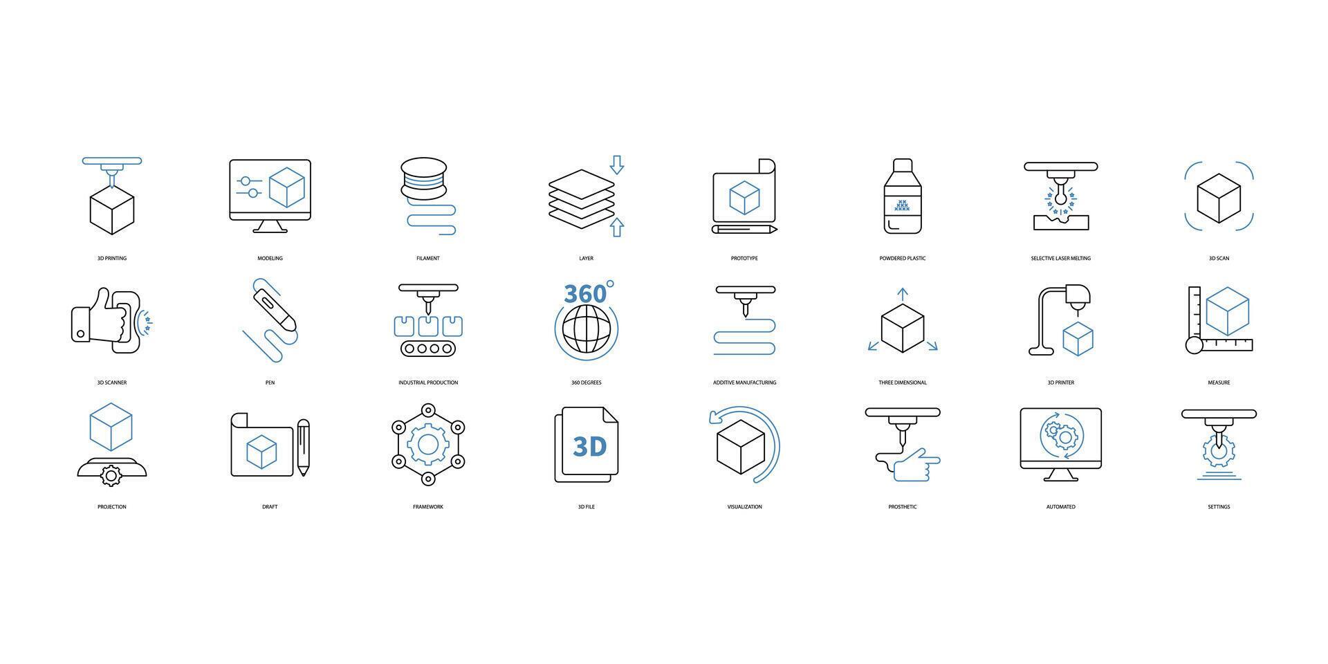 3D printing icons set. Set of editable stroke icons.Vector set of 3D ...