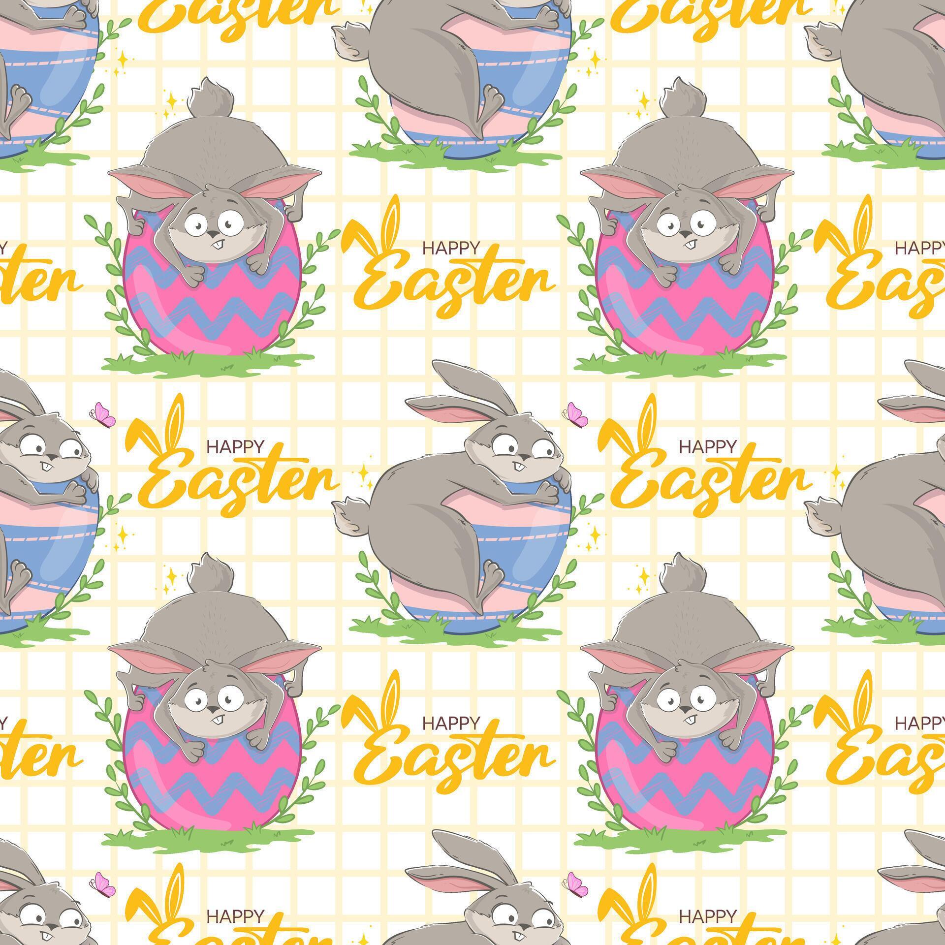 Seamless pattern with funny cheerful bunnies with huge Easter eggs and ...