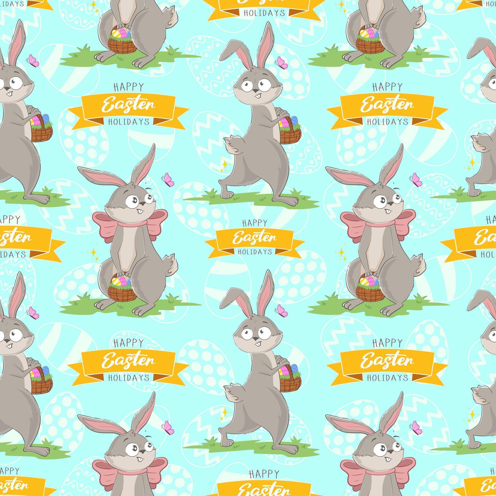 Seamless pattern with funny cheerful bunnies with basket of Easter eggs ...