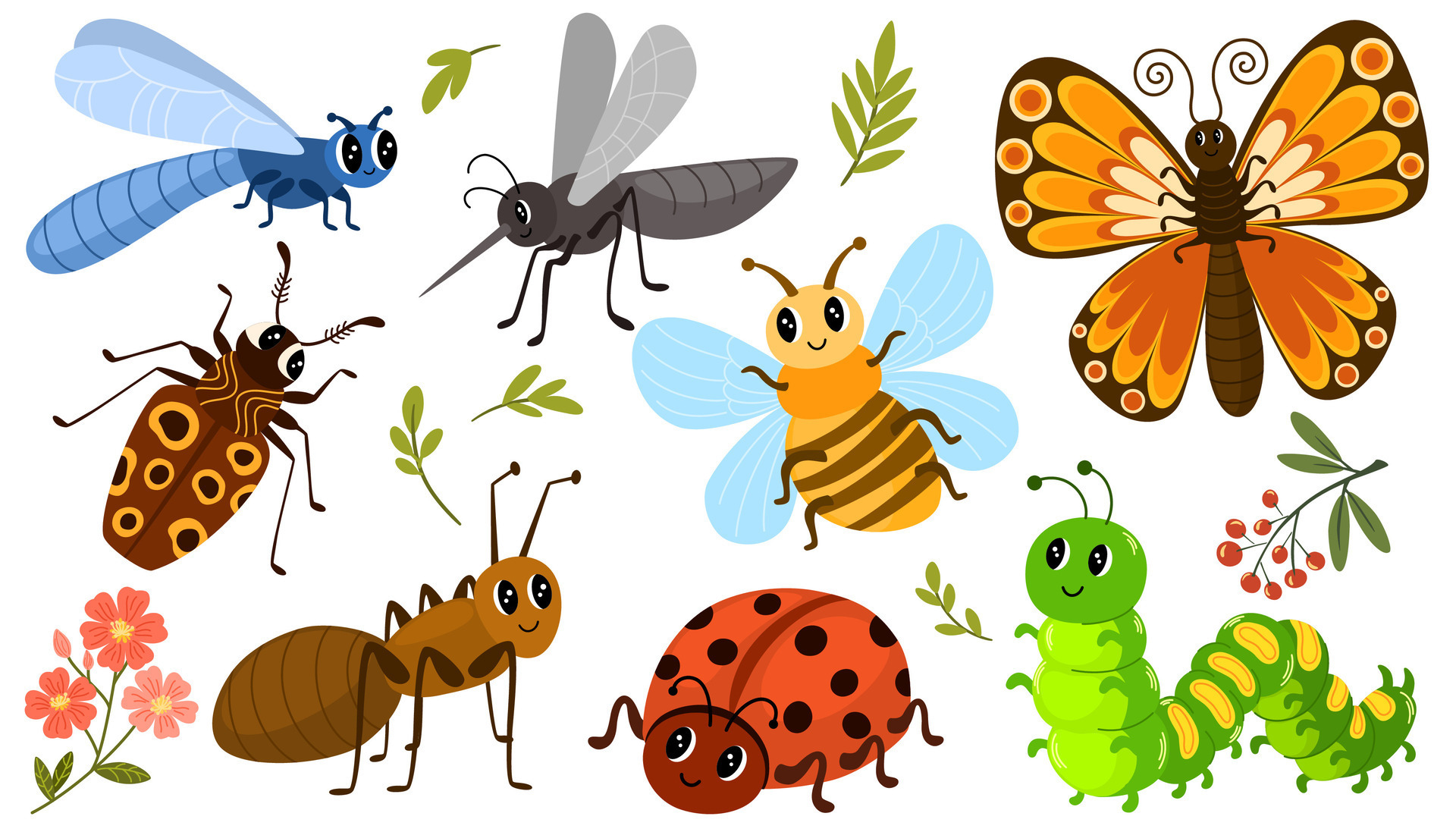 Cute insects set. Butterfly, ant, ladybug, bee, mosquito, caterpillar ...