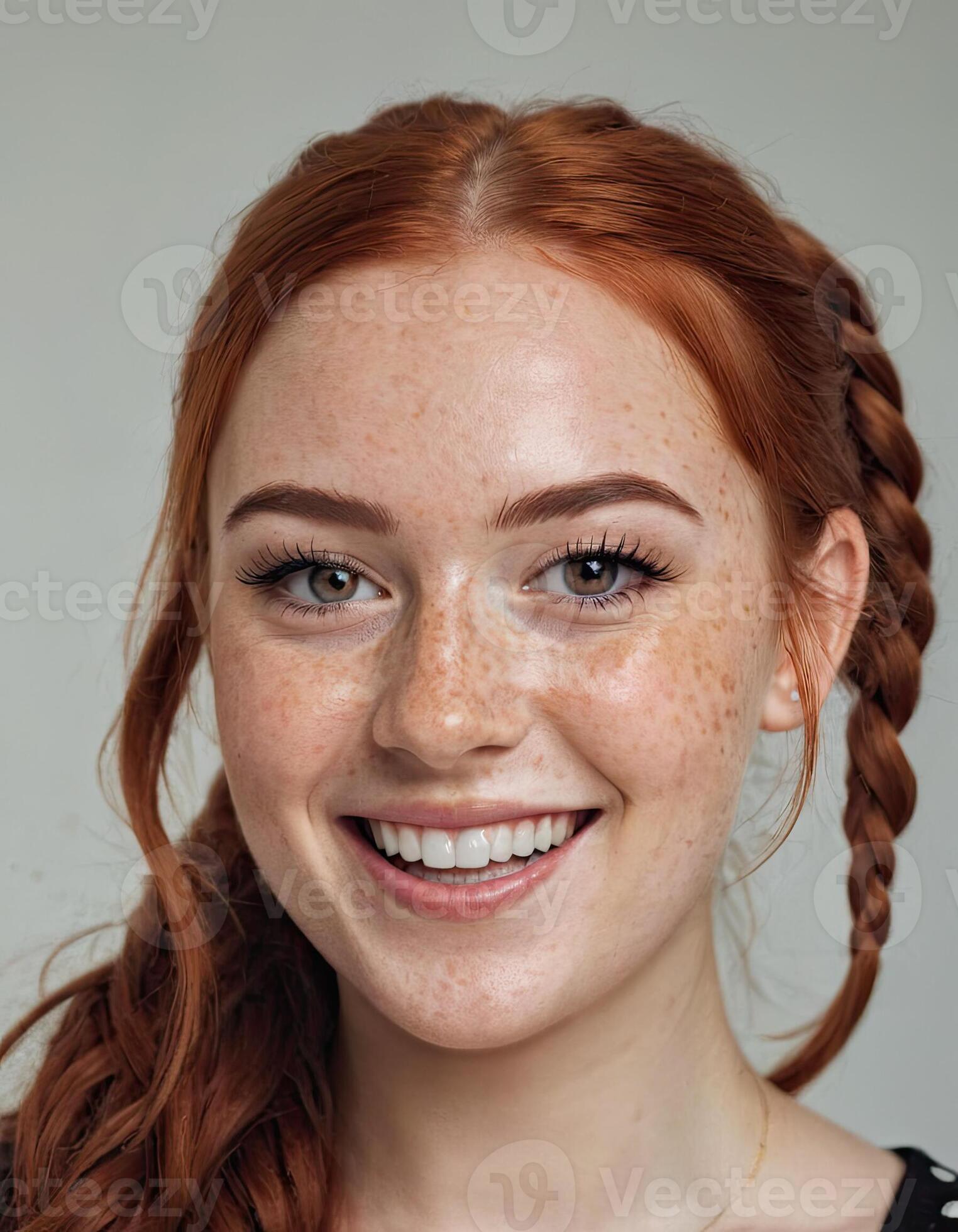 Ai Generated Redhead Woman Portrait Happy Smiling Lady With Freckles