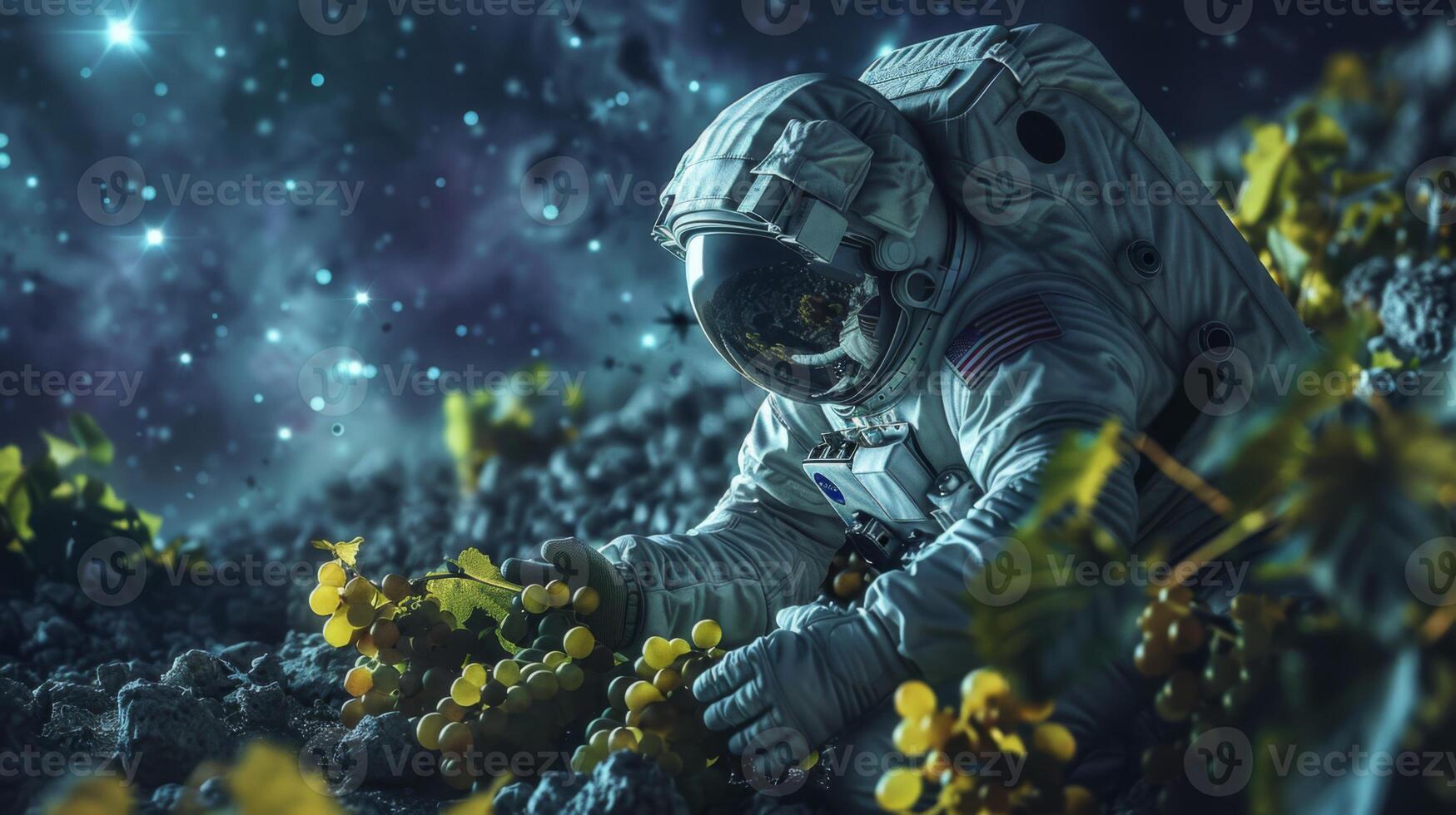 AI generated Lunar vineyard with astronauts harvesting space grapes ... AI generated Lunar vineyard with astronauts harvesting space grapes ...