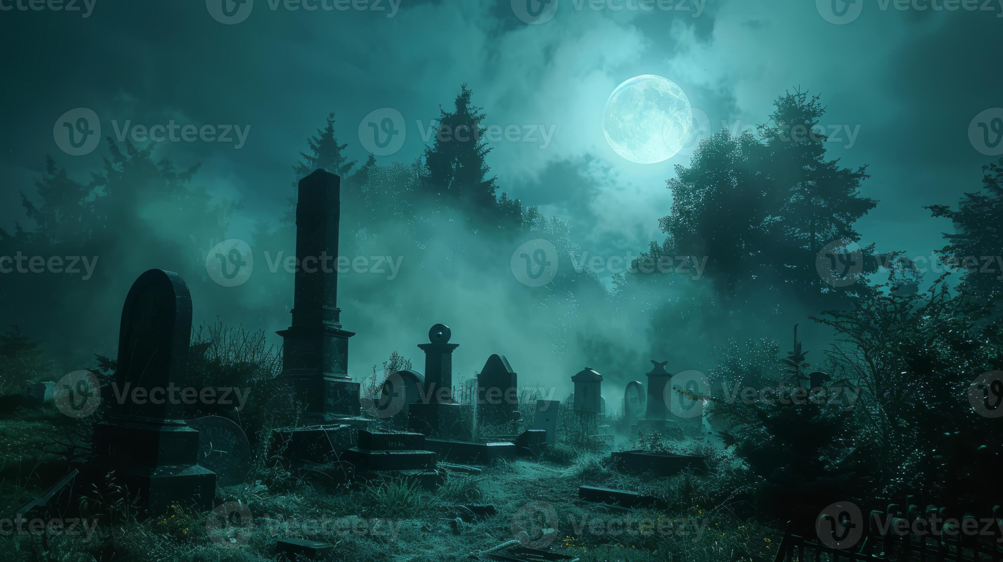 AI generated Moonlit graveyard with fog and ancient tombstones 41402685 Stock Photo at Vecteezy