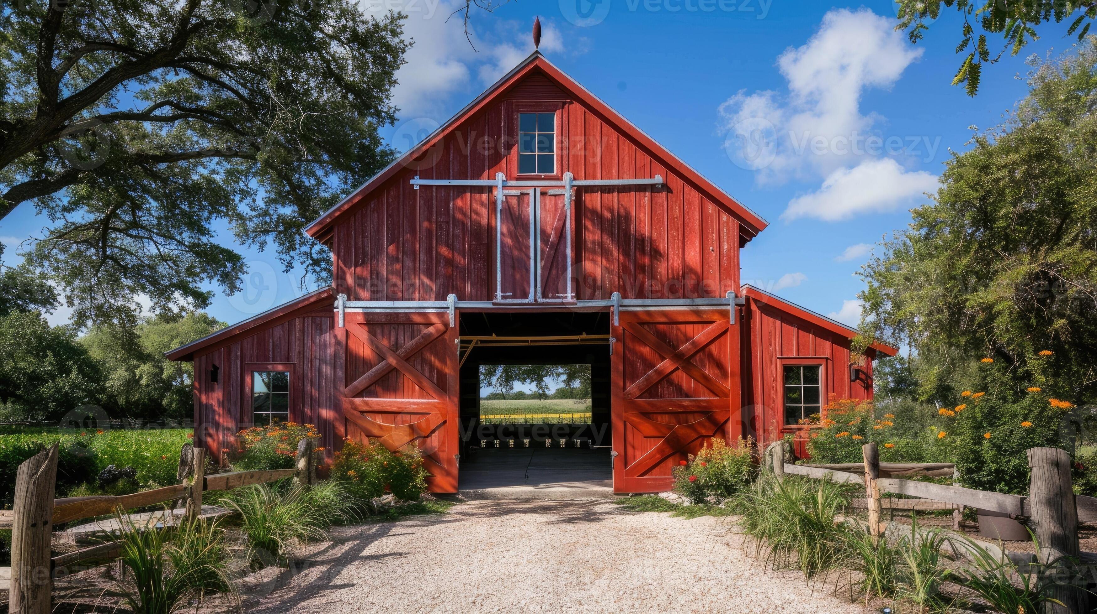 AI generated Red barn constructed on a farm in summer with doors open ...