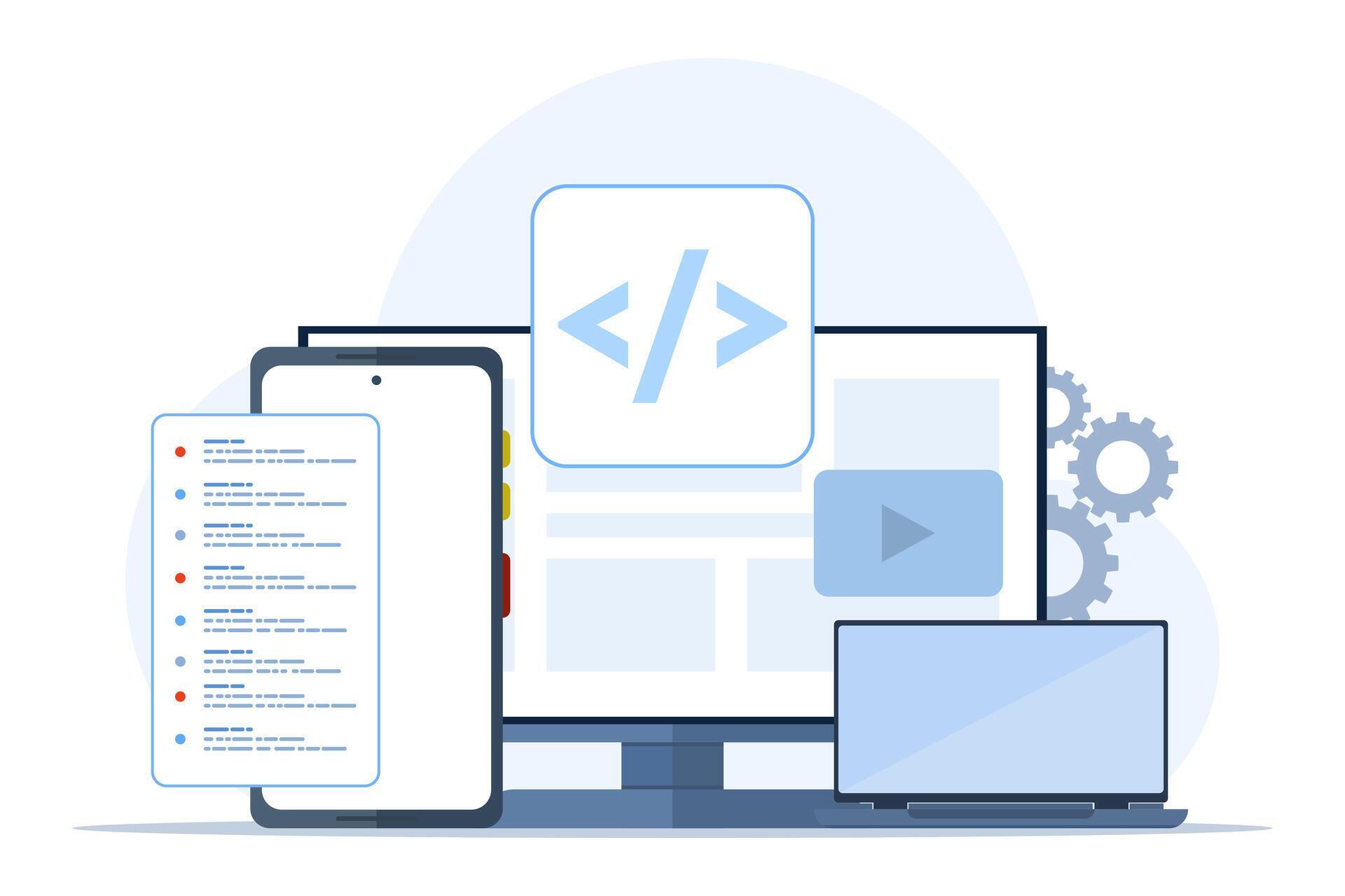 Web Development Or Programming Language Concept Css Html It Ui Cartoon Character Programmer