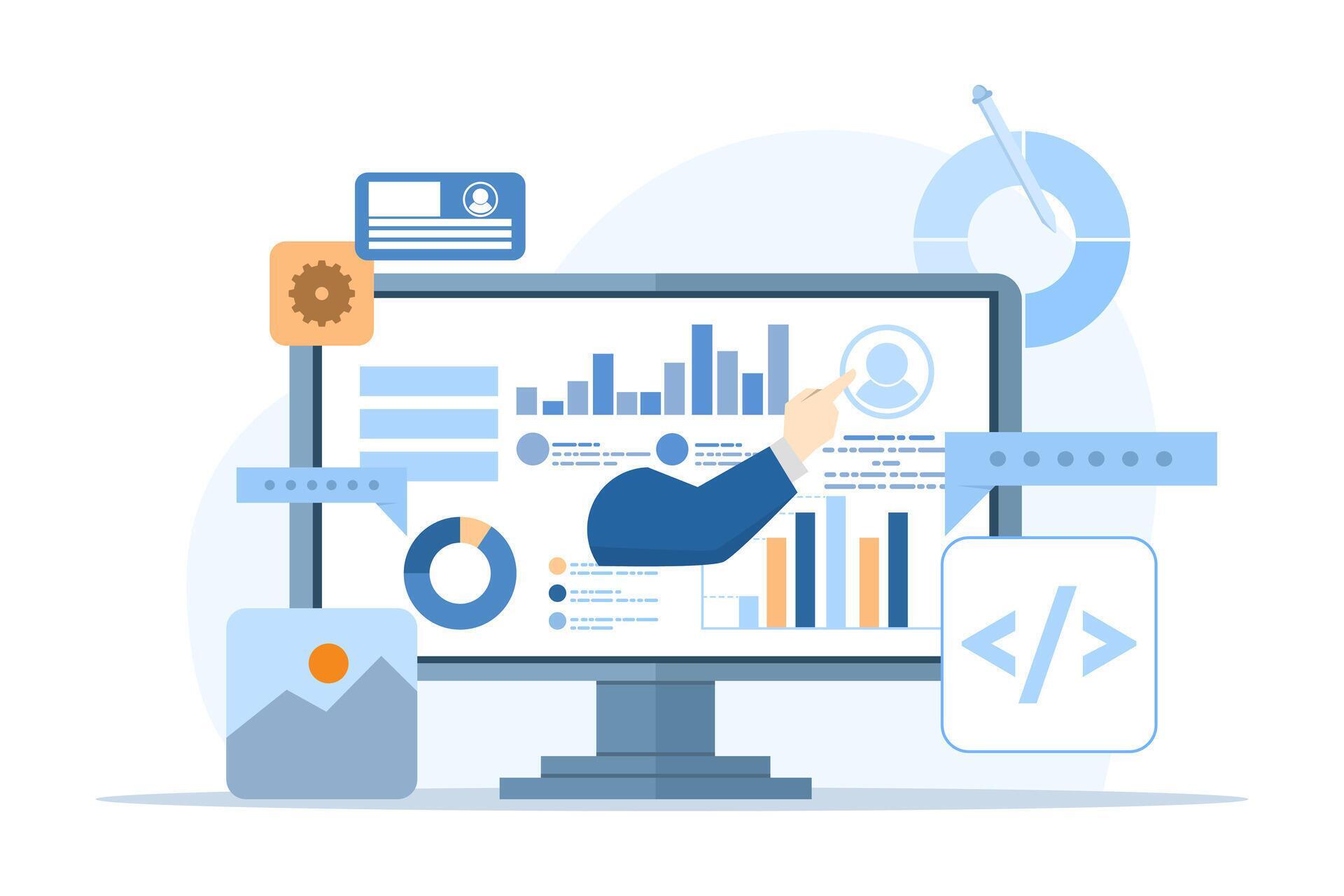 Concept of interface elements and browser window on laptop screen, web design, UI UX, software ...