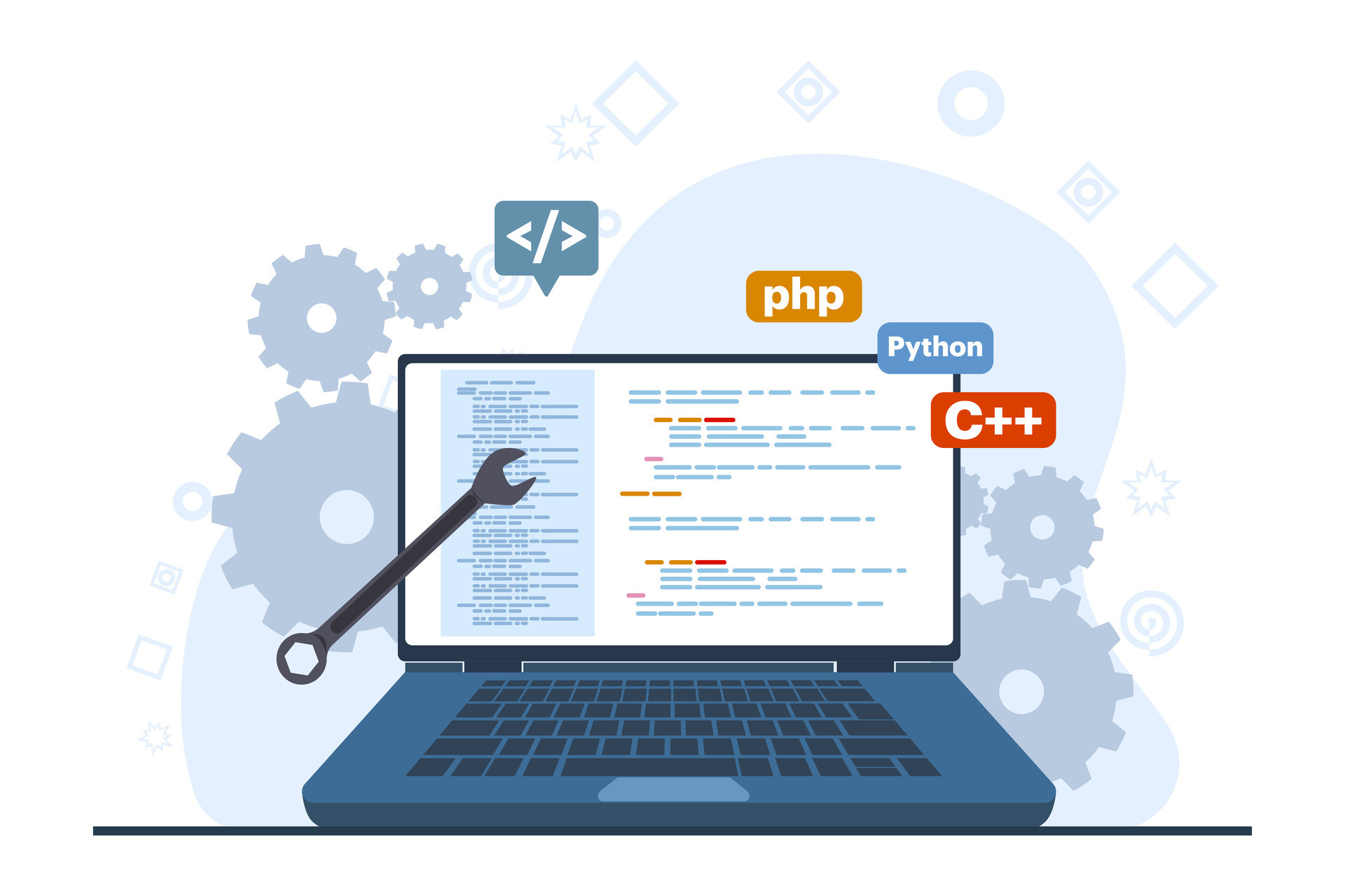 Web Development Or Programming Language Concept Css Html It Ui Cartoon Character Programmer