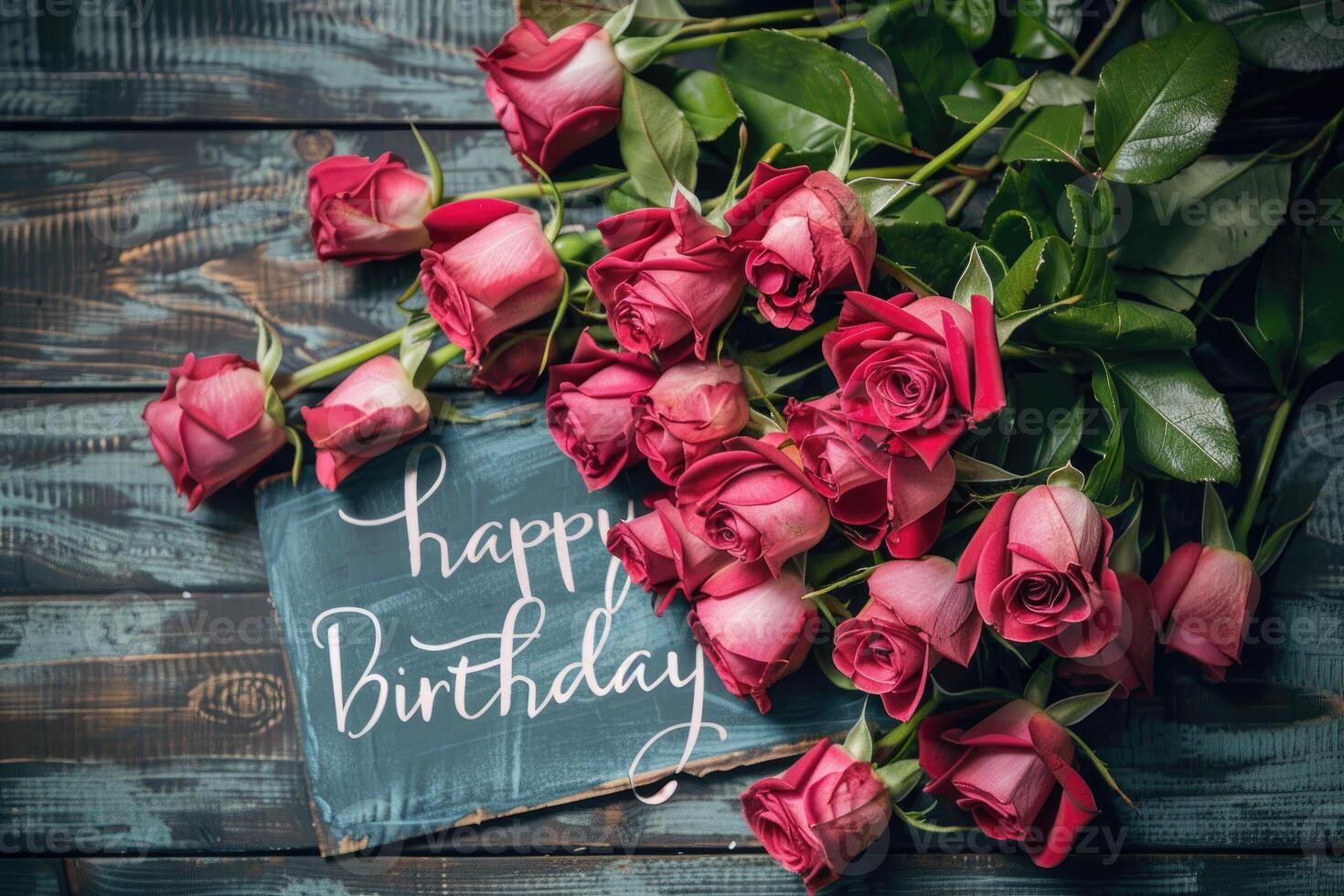 Ai Generated Happy Happy Birthday With Pink Roses Over Rustic Wood