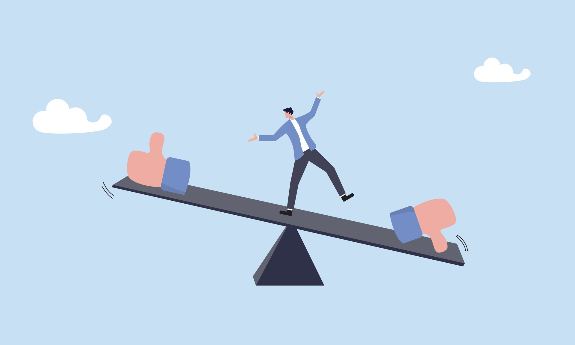 Businessman Balance On Seesaw With Thumb Up And Thumb Down Demerit And