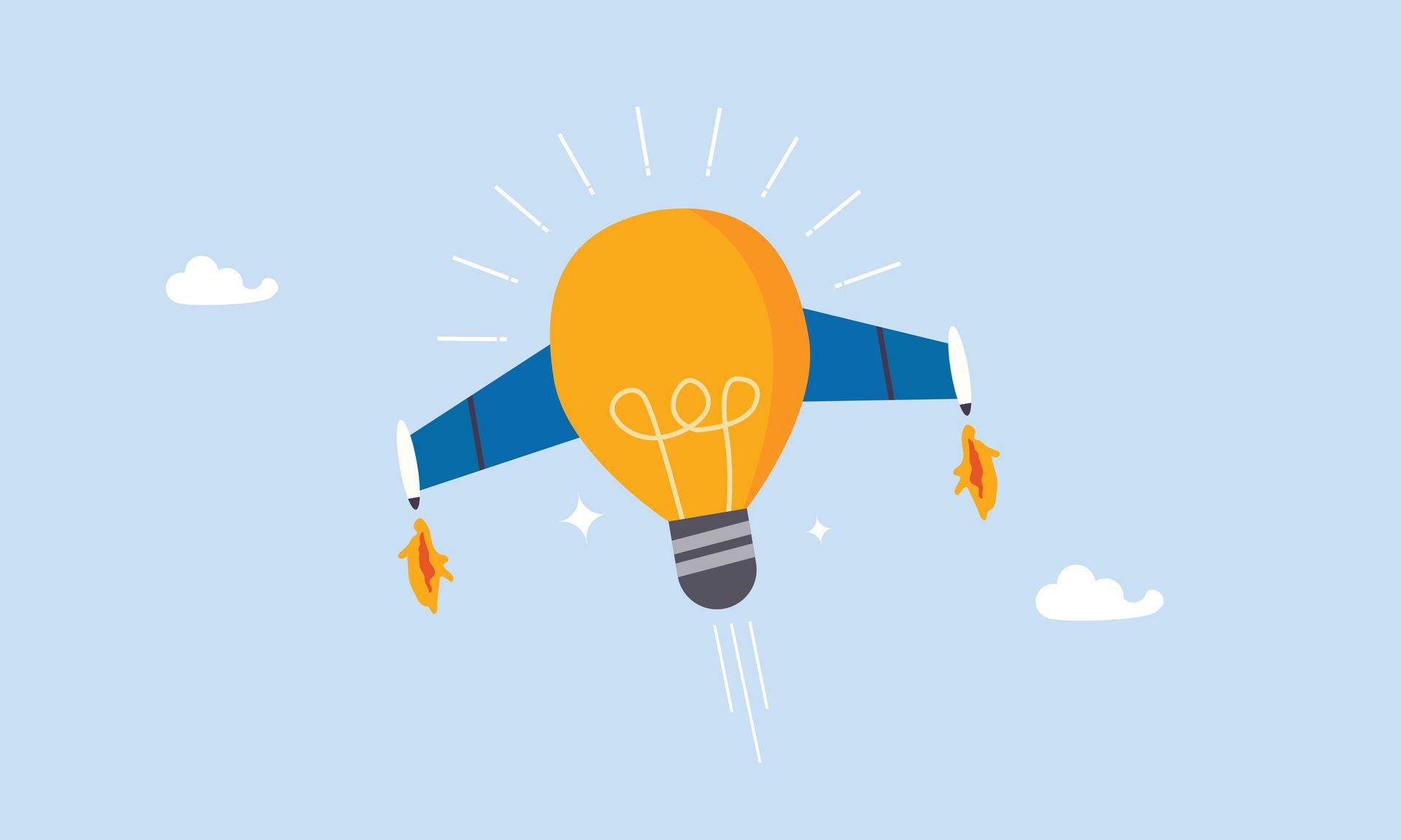 Bright lightbulb idea with rocket booster flying fast into the sky ... Bright lightbulb idea with rocket booster flying fast into the sky ...