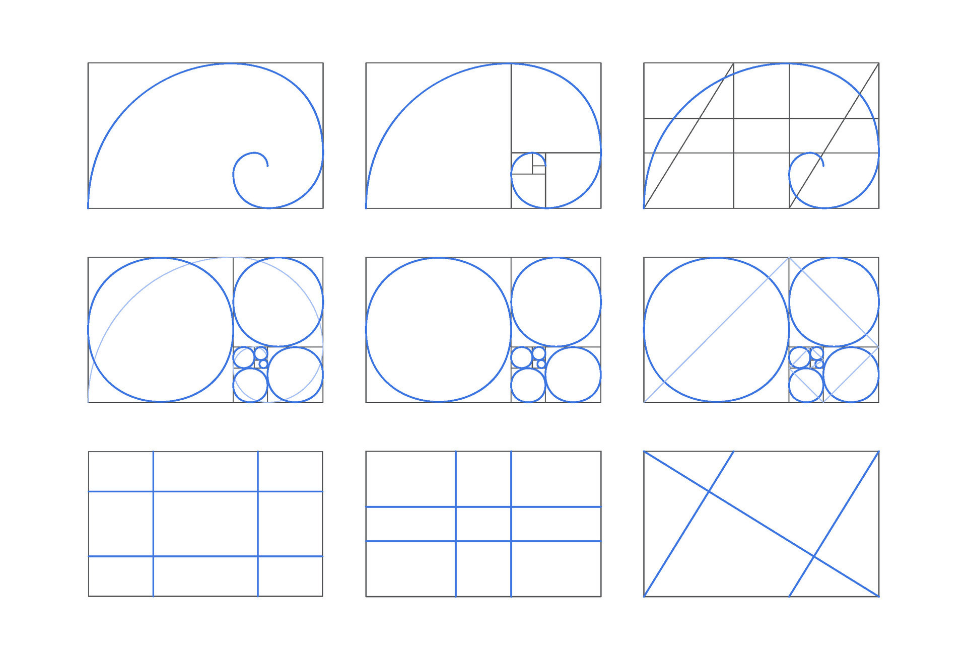 Golden ratio set. Proportions template composition balance in geometry and spiral lines ...