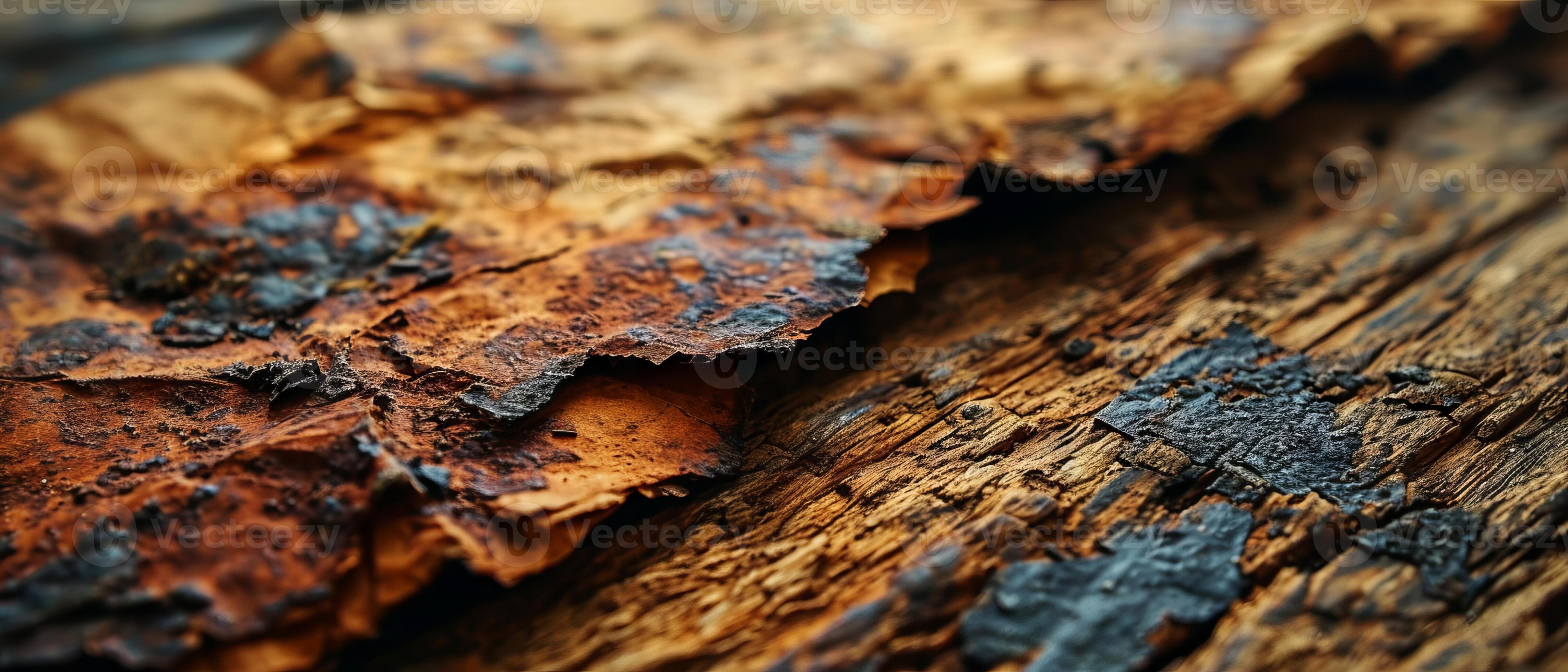 AI generated Close-up of weathered tree bark peeling off to reveal the intricate textures and ...