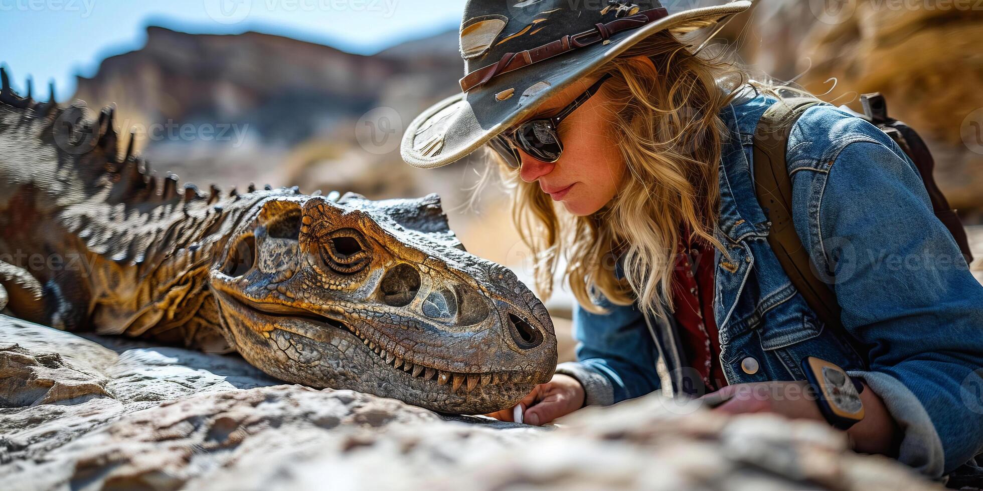 AI generated Female Paleontologist with Dinosaur Fossil. Close encounter with the past by a ...