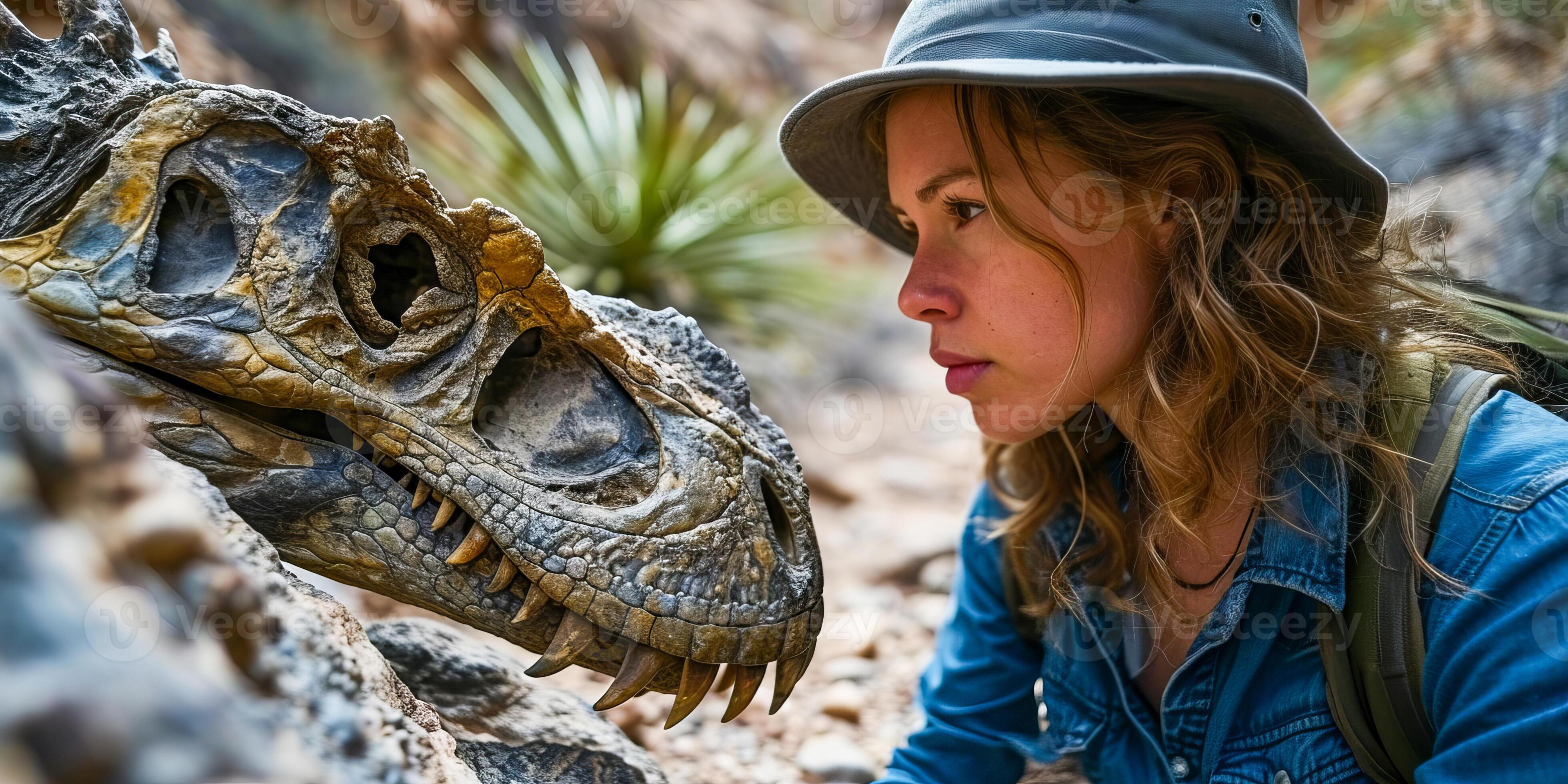 AI generated Female Paleontologist with Dinosaur Fossil. Close encounter with the past by a ...