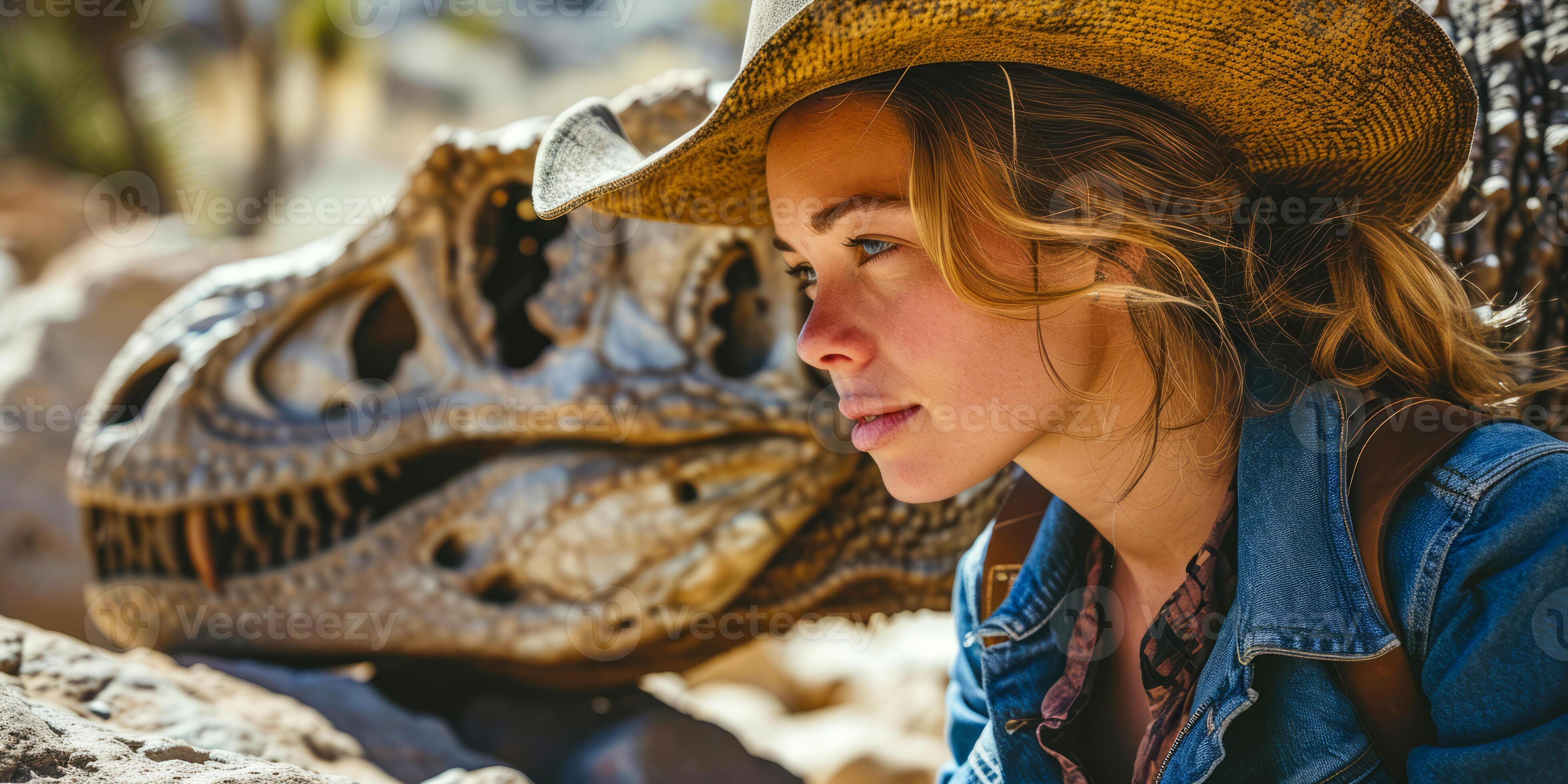 AI generated Female Paleontologist with Dinosaur Fossil. Close encounter with the past by a ...