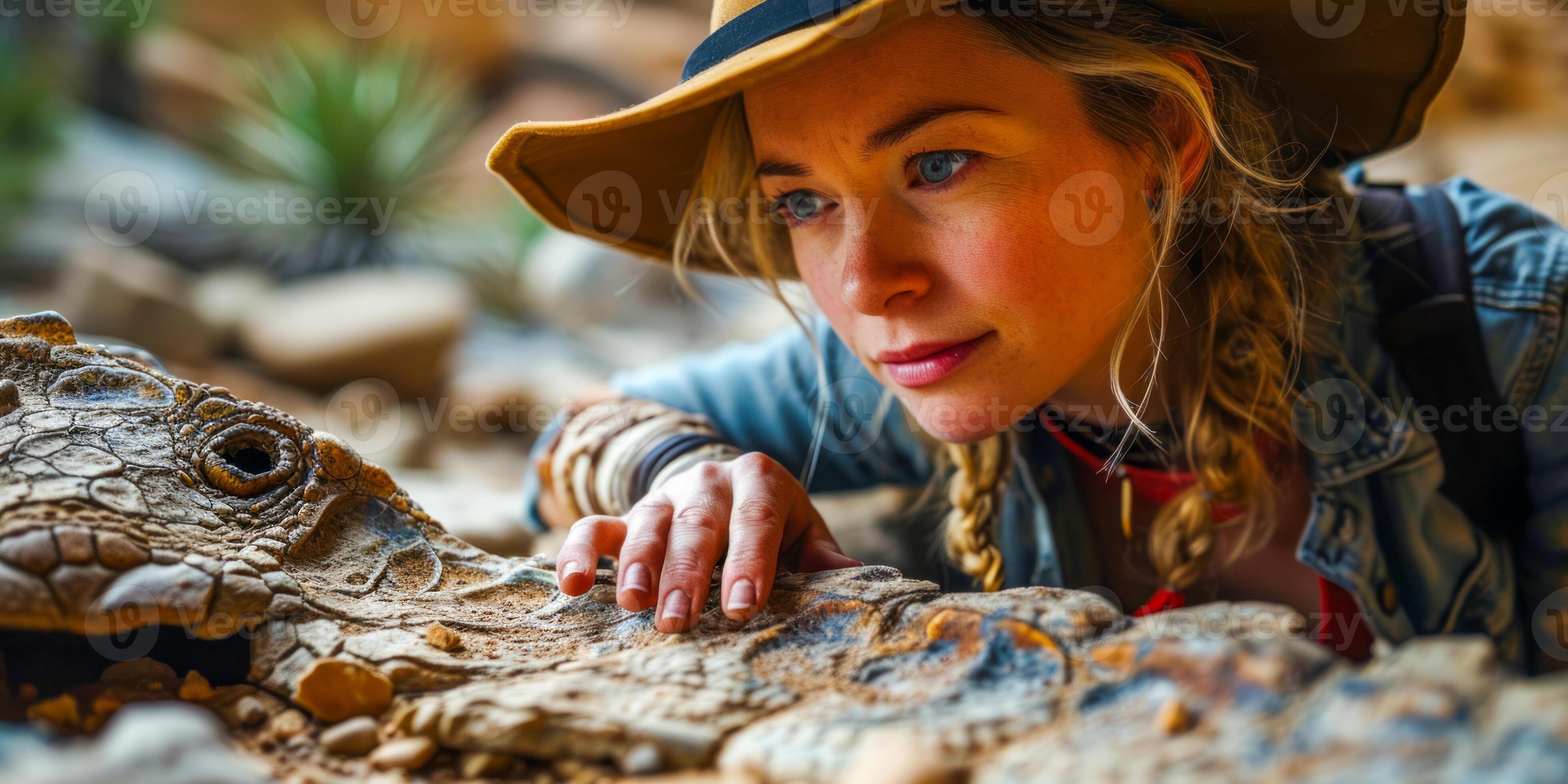 AI generated Female Paleontologist with Dinosaur Fossil. Close encounter with the past by a ...