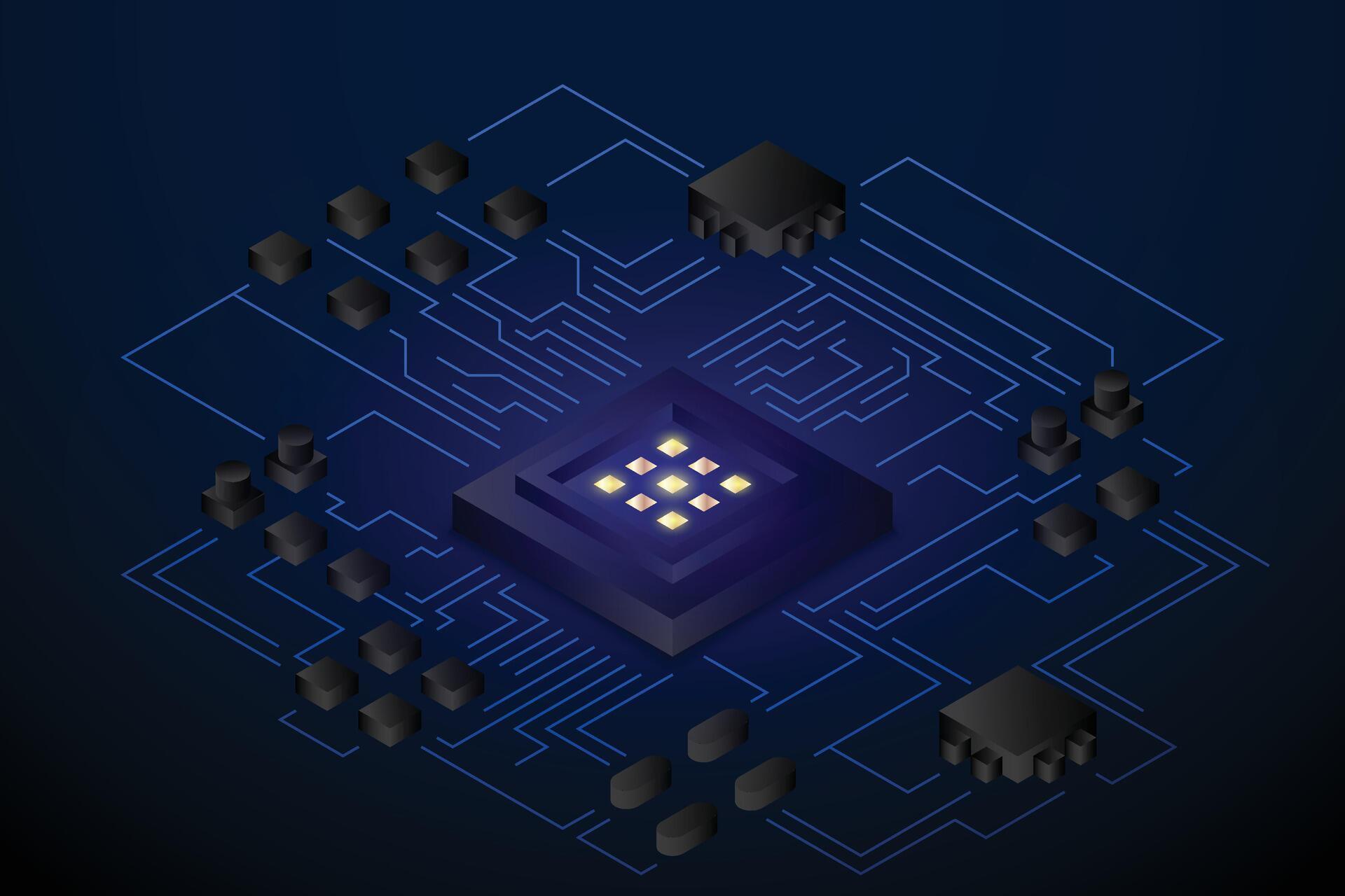 Abstract technology chip processor background circuit board and html code,3D illustration blue ...