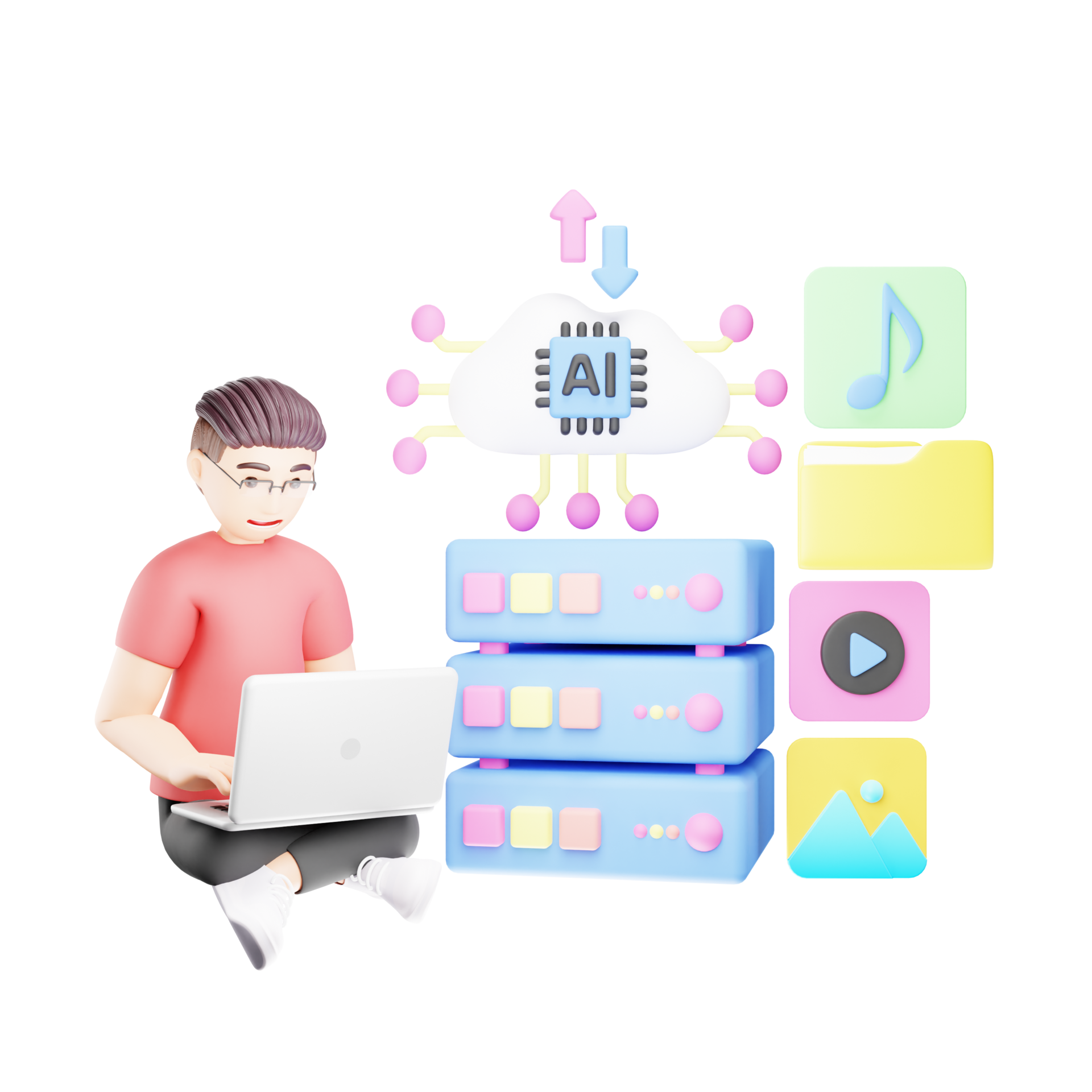 Man Downloading and Uploading Data on AI Cloud - 3D Character ... Man Downloading and Uploading Data on AI Cloud - 3D Character ...