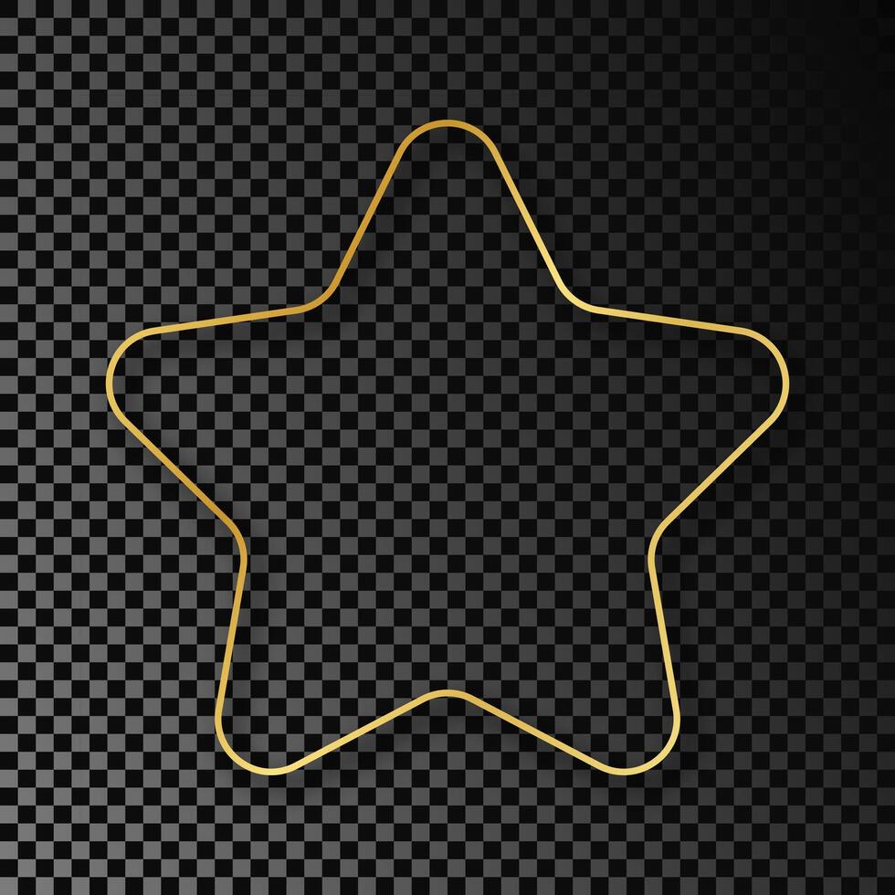 Gold glowing rounded star shape frame with shadow isolated on dark background. Shiny frame with ...