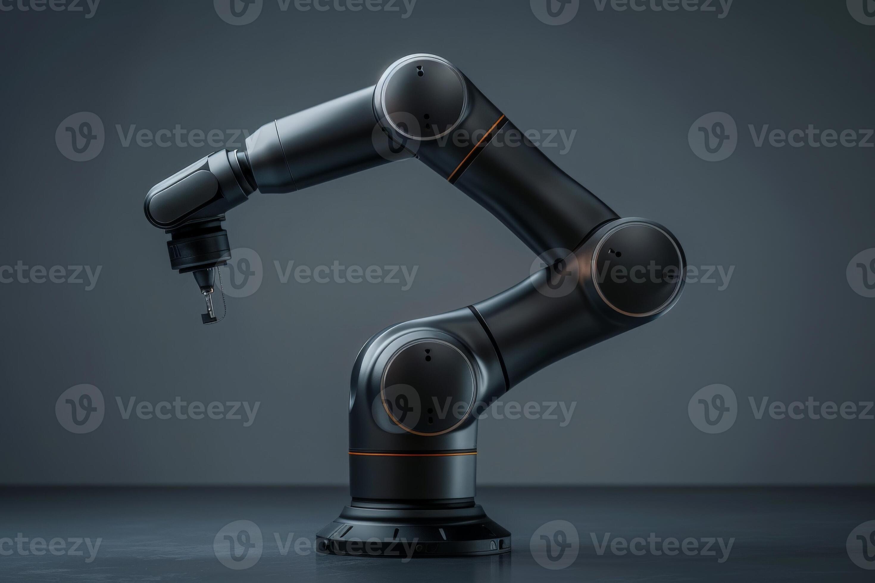 AI generated A sleek robotic arm stands ready against a gray backdrop ...
