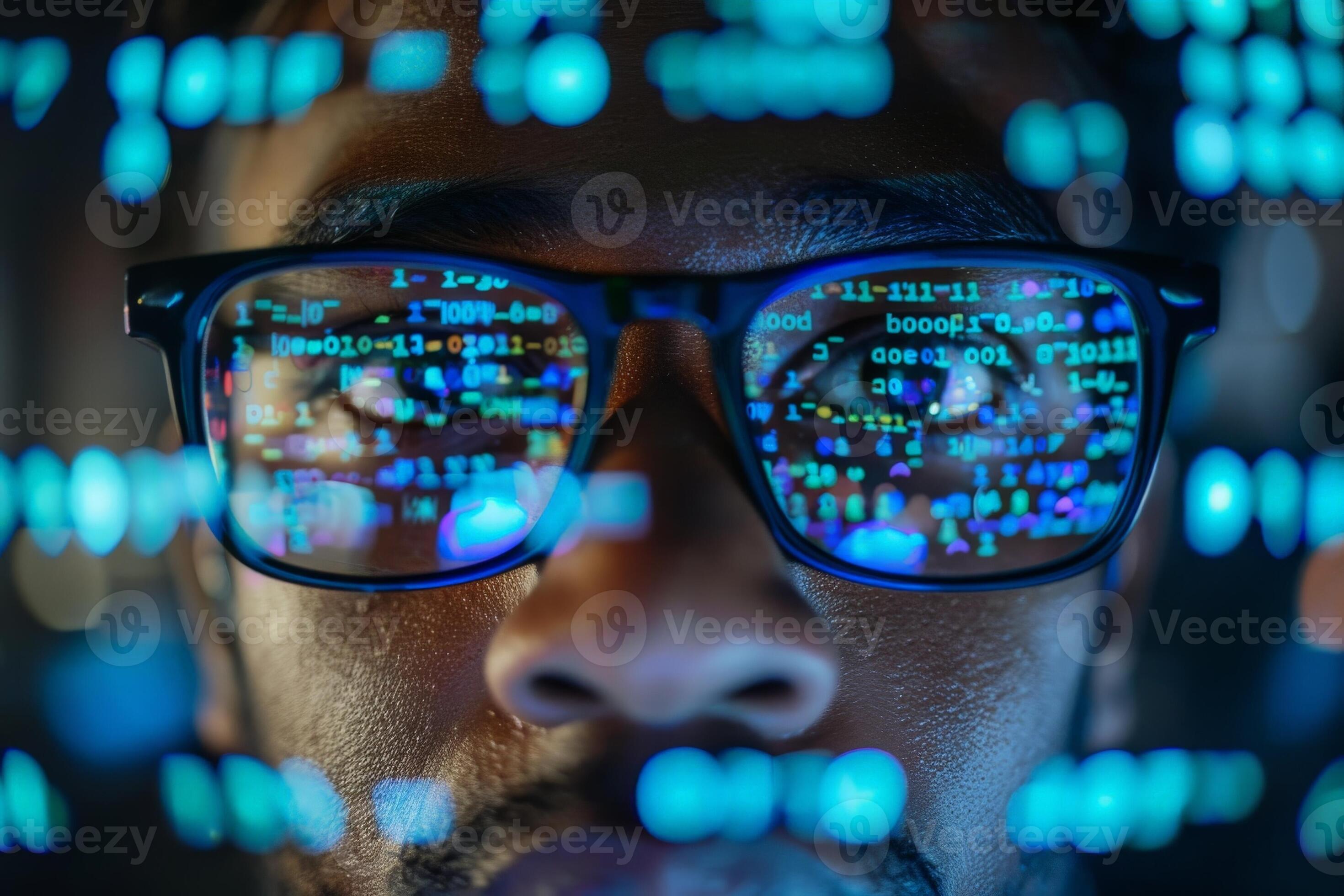 AI generated A man with glasses intensely focused on a computer screen displaying a sequence of ...