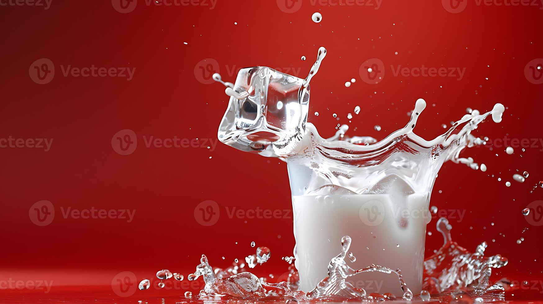 AI generated splashing milk of glass with red background, ice cube descending. 41438486 Stock ...