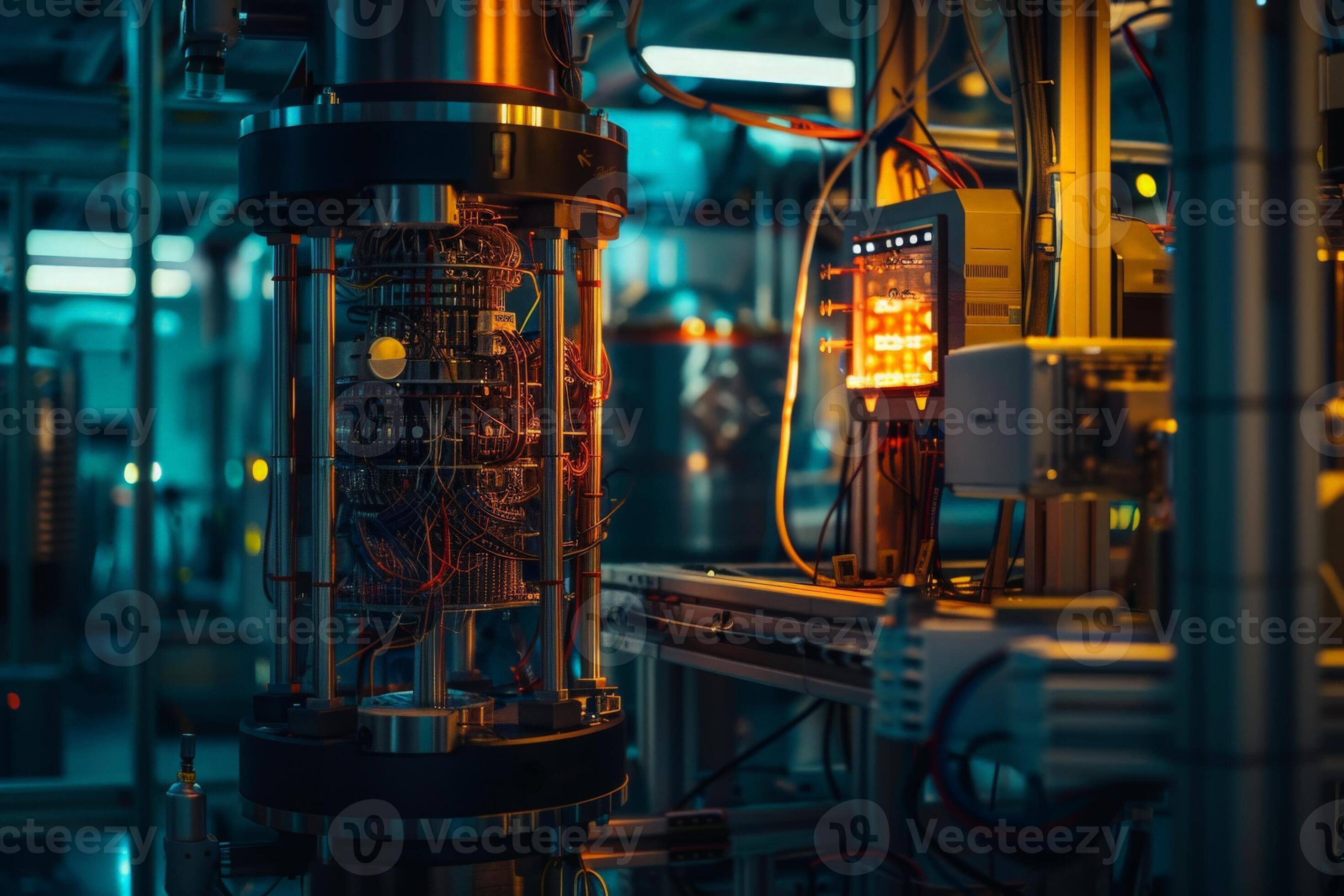 AI generated A quantum computer resides in a secure, dimly lit room inside a building, pulsating ...