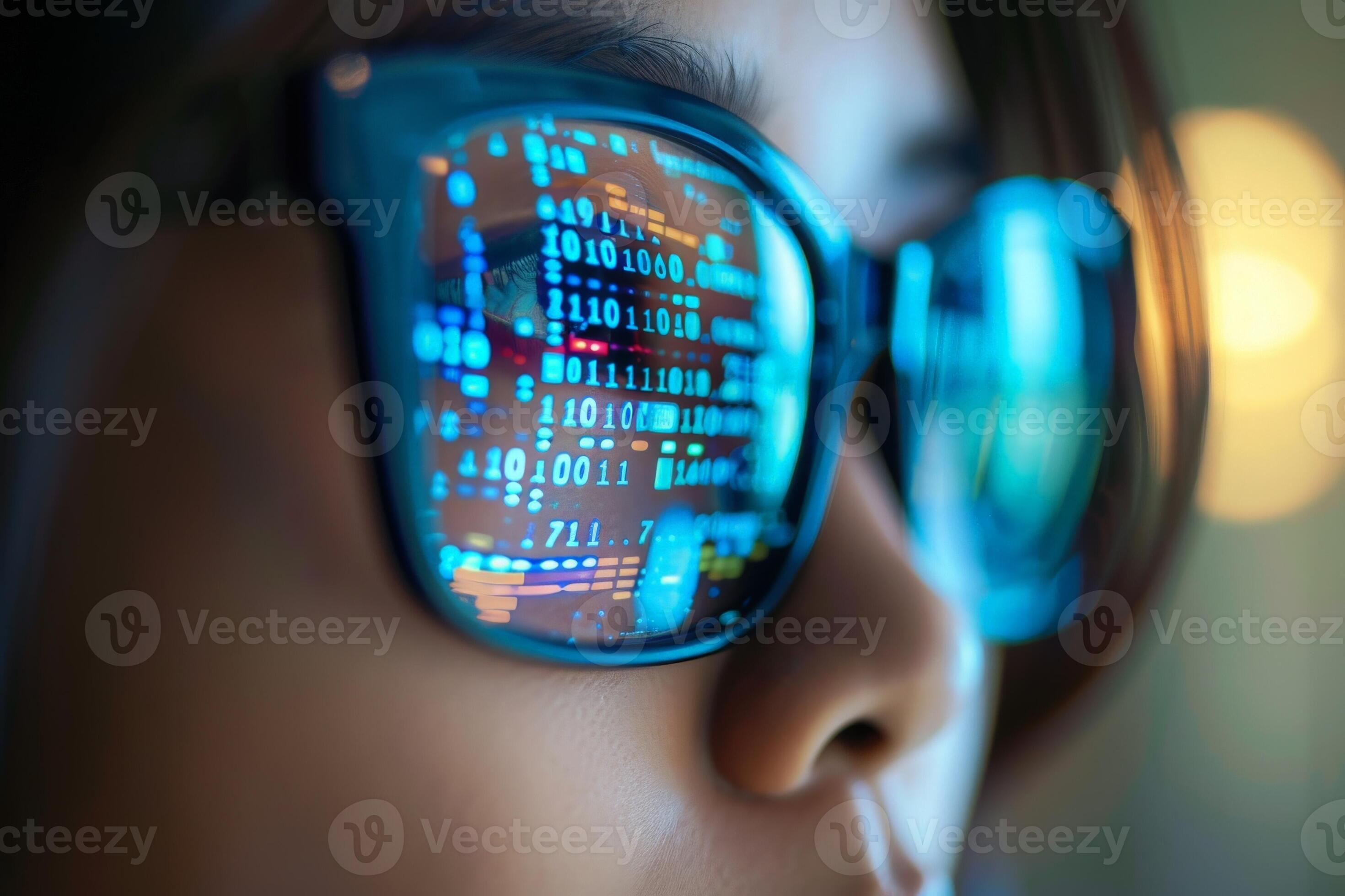 AI generated Close up of glasses with binary code reflected on lenses, creating a futuristic and ...