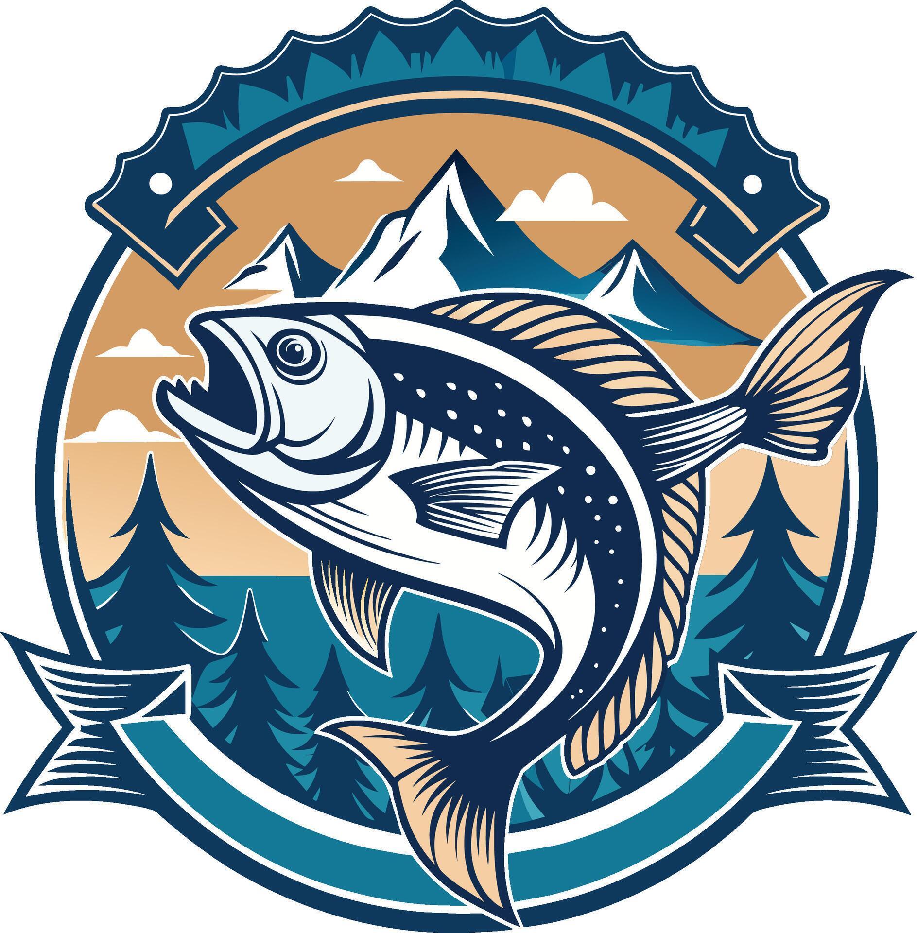 Vector illustration of a rainbow trout fish with mountains white ...