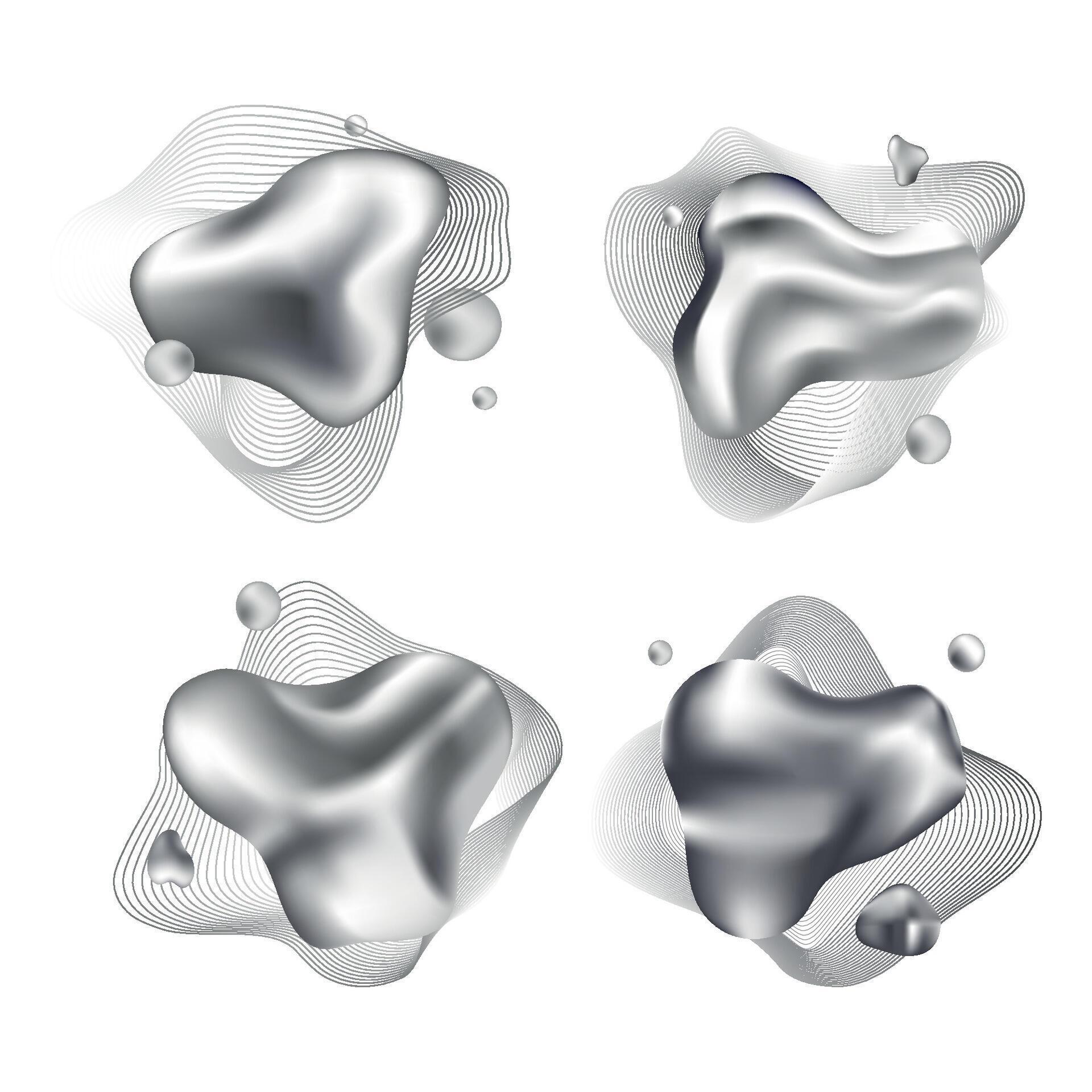 3d Liquid chrome abstract shapes set, metal liquid amorphous bubbles. Liquid metal design ...