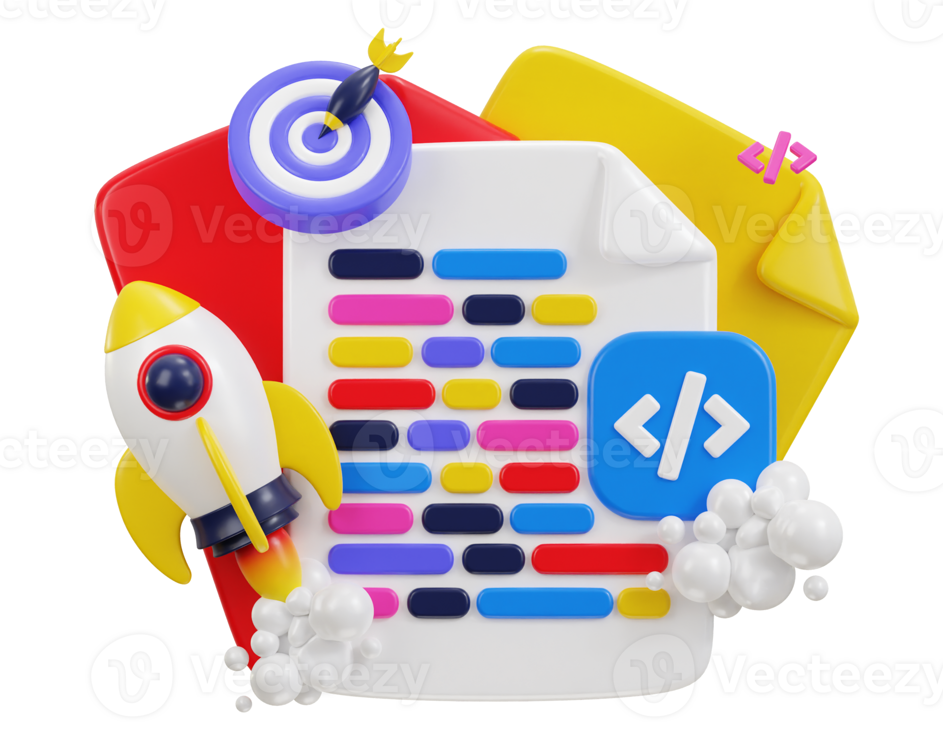 3d Programming Language With Target On Web Development Coding Symbol With Rocket For Programmer