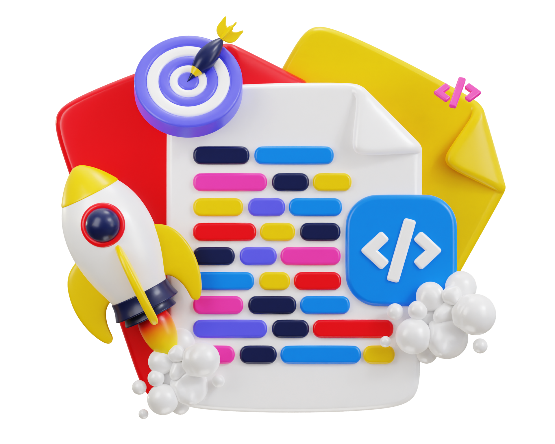 3d Programming Language With Target On Web Development Coding Symbol With Rocket For Programmer