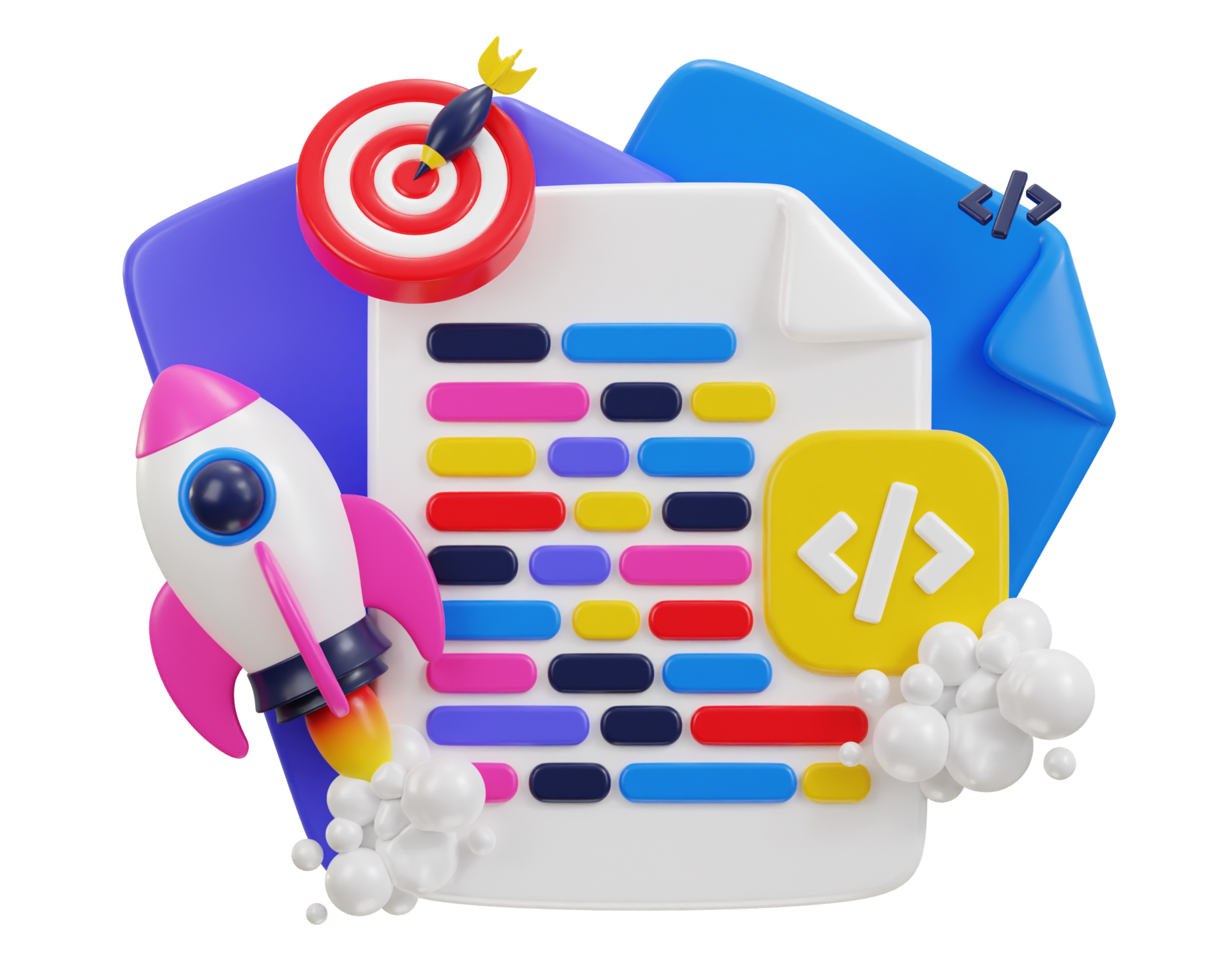 3d Programming Language With Target On Web Development Coding Symbol With Rocket For Programmer