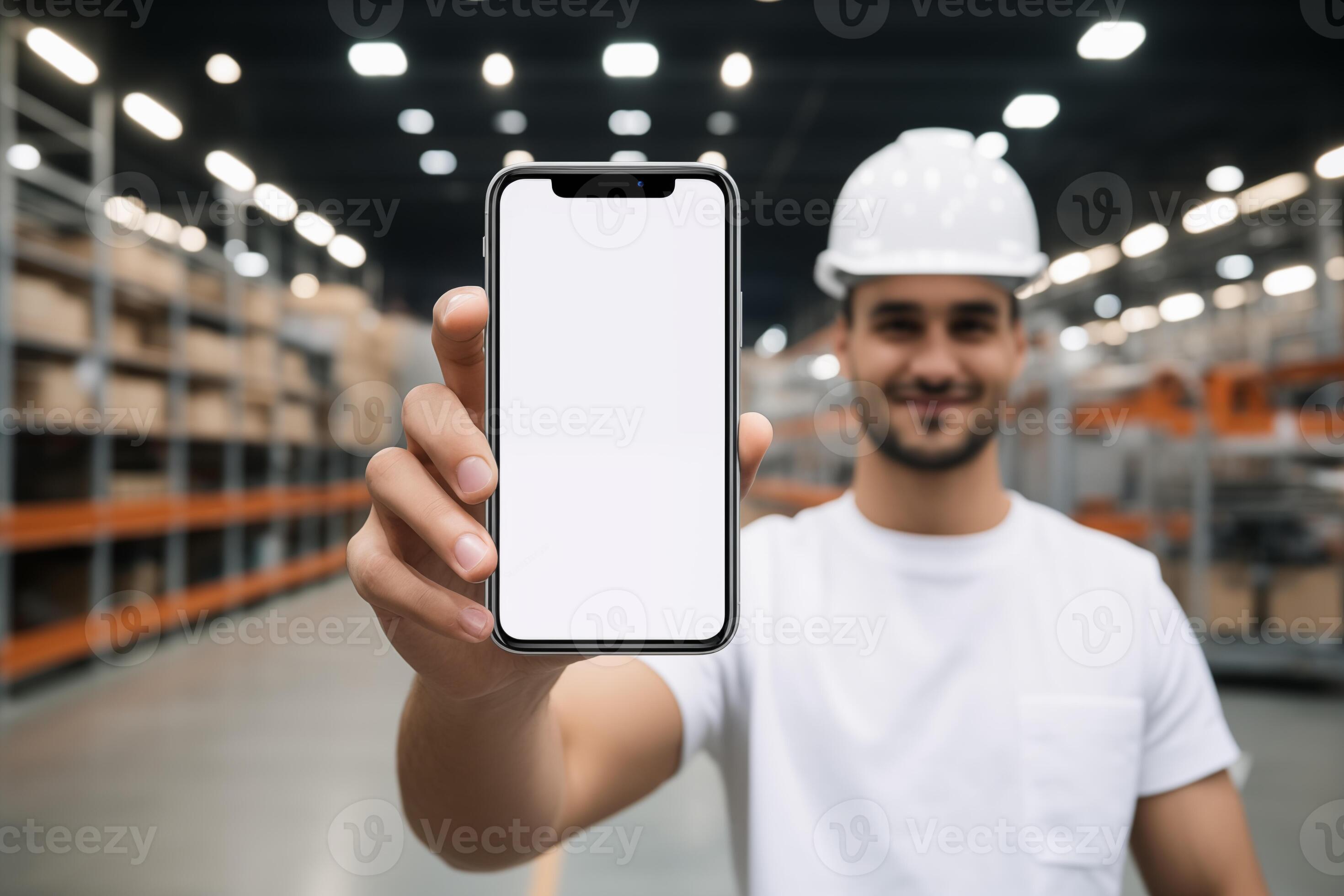 AI generated Close up of worker hand showing blank screen smartphone ...