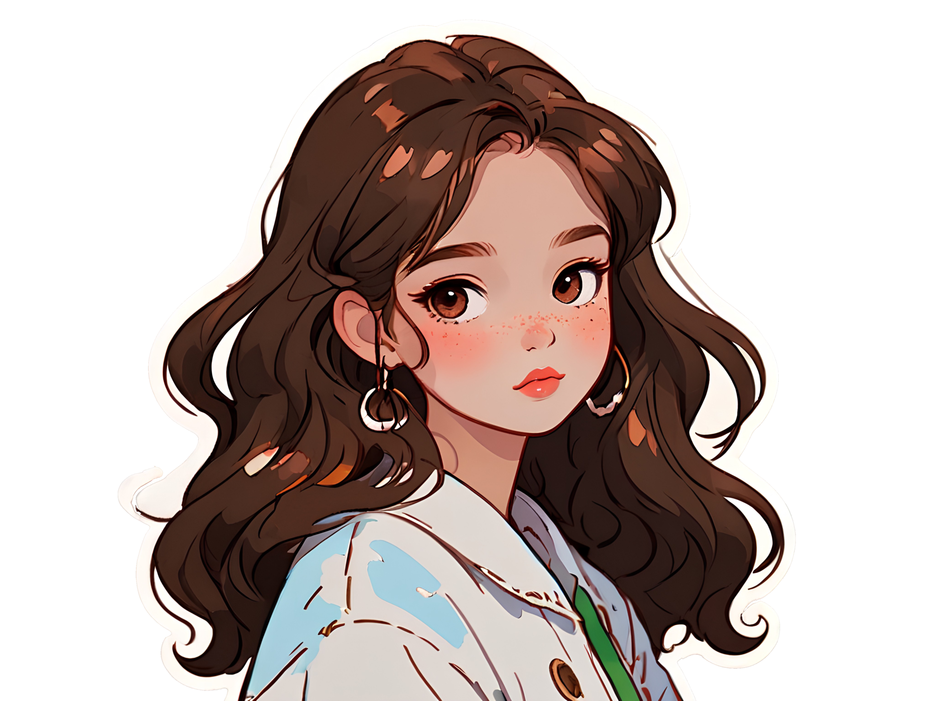 Beautiful Young Anime Girl Character With Dark Hair And Brown Eyes Isolated Sticker With White