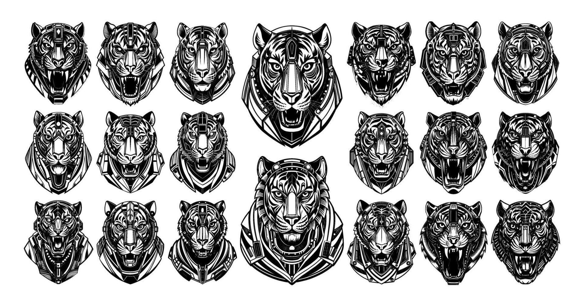 AI generated Detailed cyborg tiger head illustration design set ... AI generated Detailed cyborg tiger head illustration design set ...
