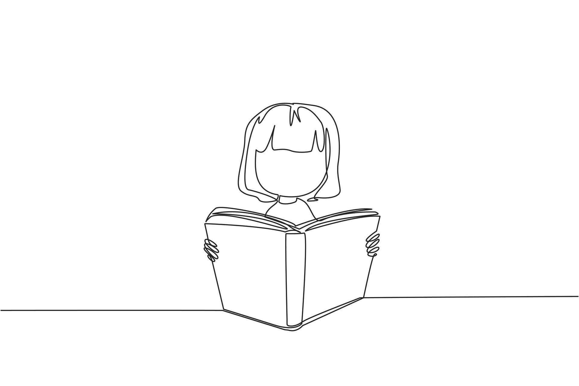 Single Continuous Line Drawing Girl Sitting Reading A Book On A Stand