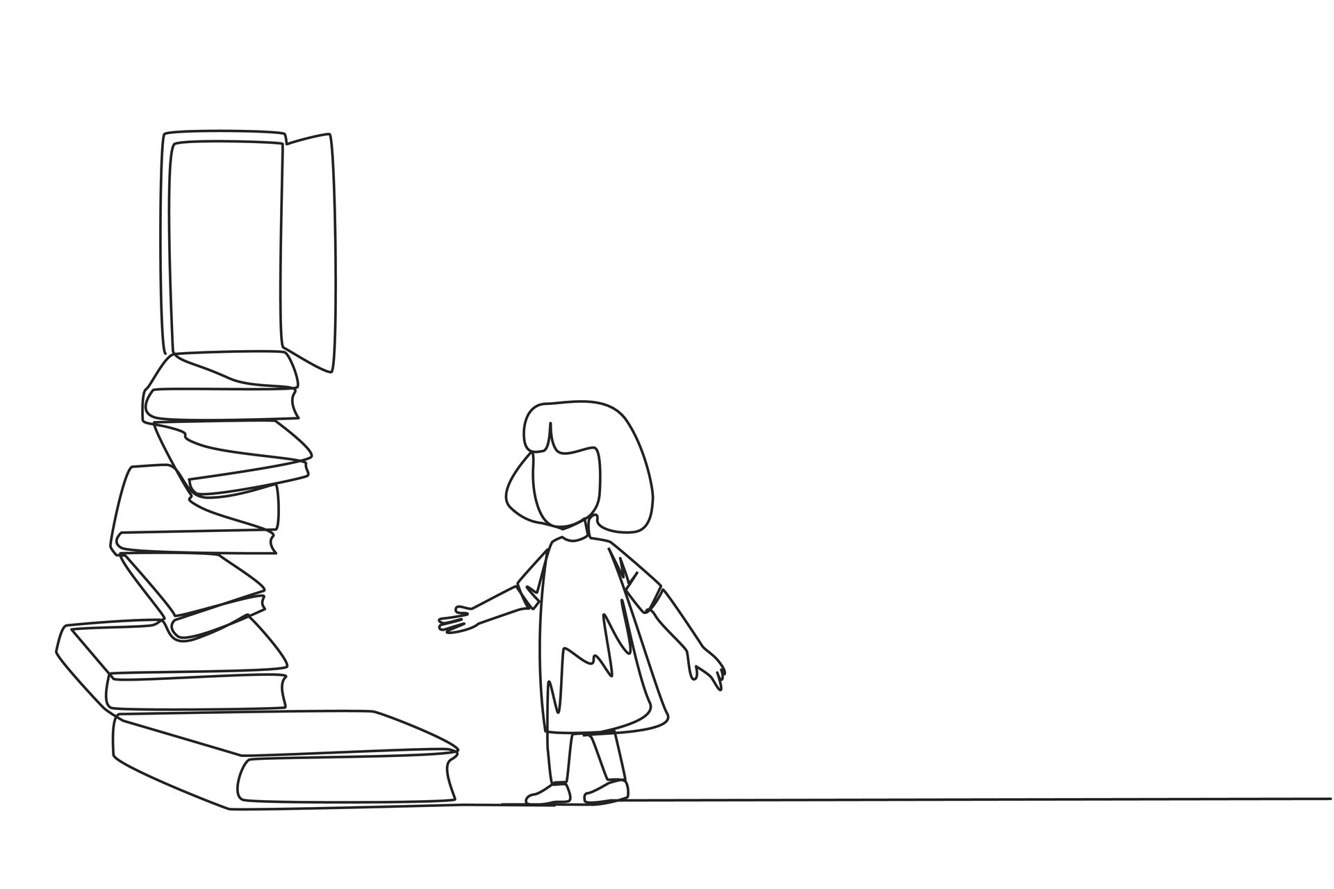 Continuous one line drawing girls climb the stairs from the book stack. Towards the wide open ...