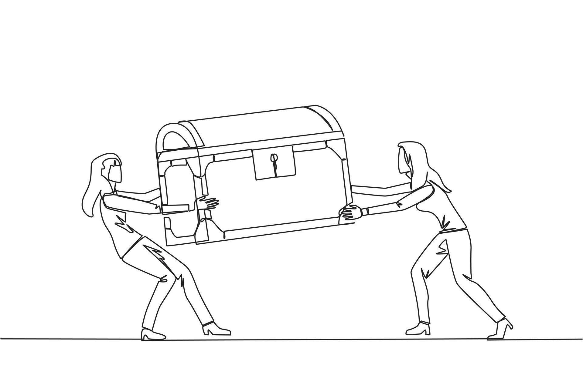 Single continuous line drawing two egoistic businesswoman fighting over treasure chest. Feel ...