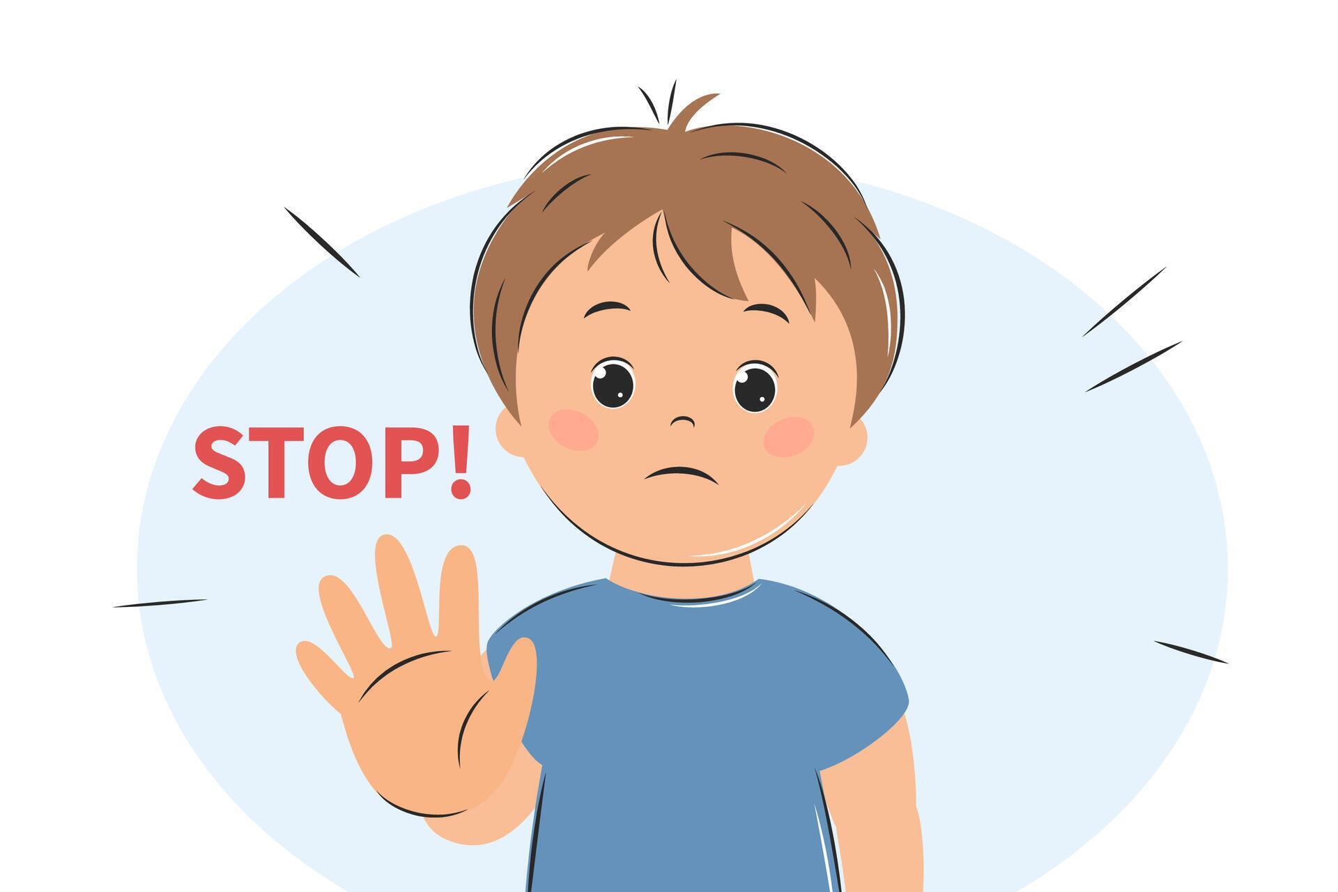 Child boy says stop. Person protecting personal boundaries concept. Violate personal space ...