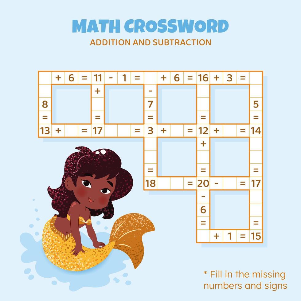 Math Crossword puzzle for kids. Addition and subtraction. Counting up ...