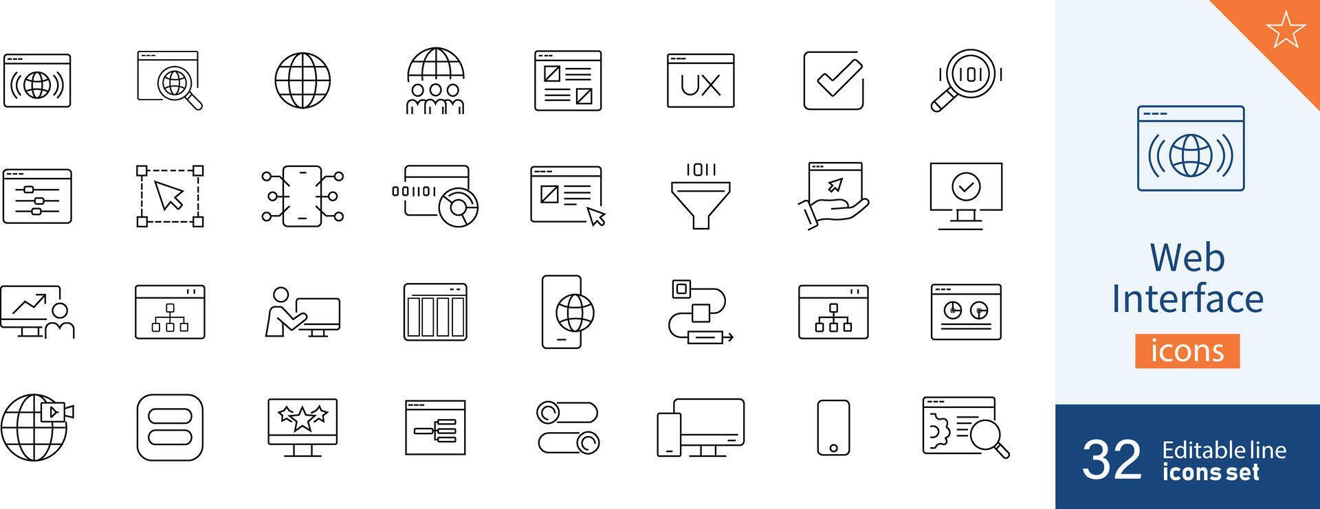 Set of 32 Web interface icons in line style. Interface, www, webpage ...