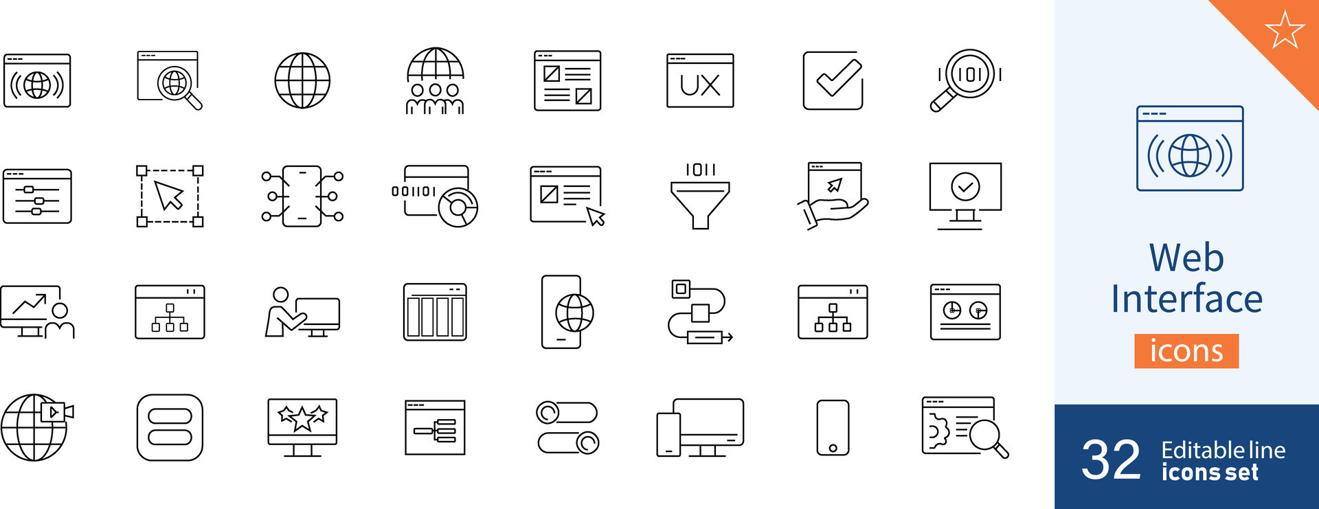 Set of 32 Web interface icons in line style. Interface, www, webpage ...
