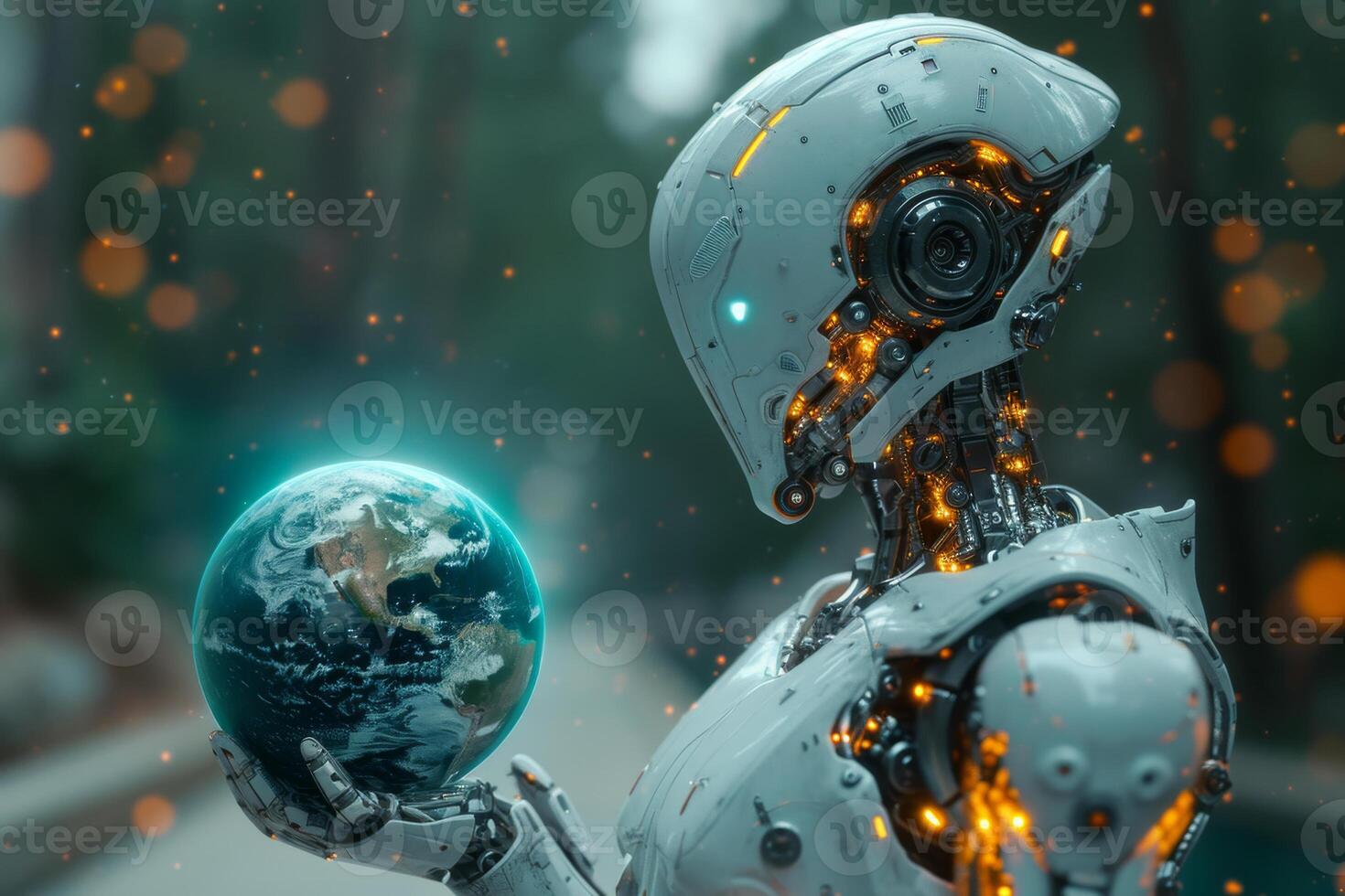 AI generated Cyborg robot holding Earth in one hand and binary code. 41506780 Stock Photo at ...