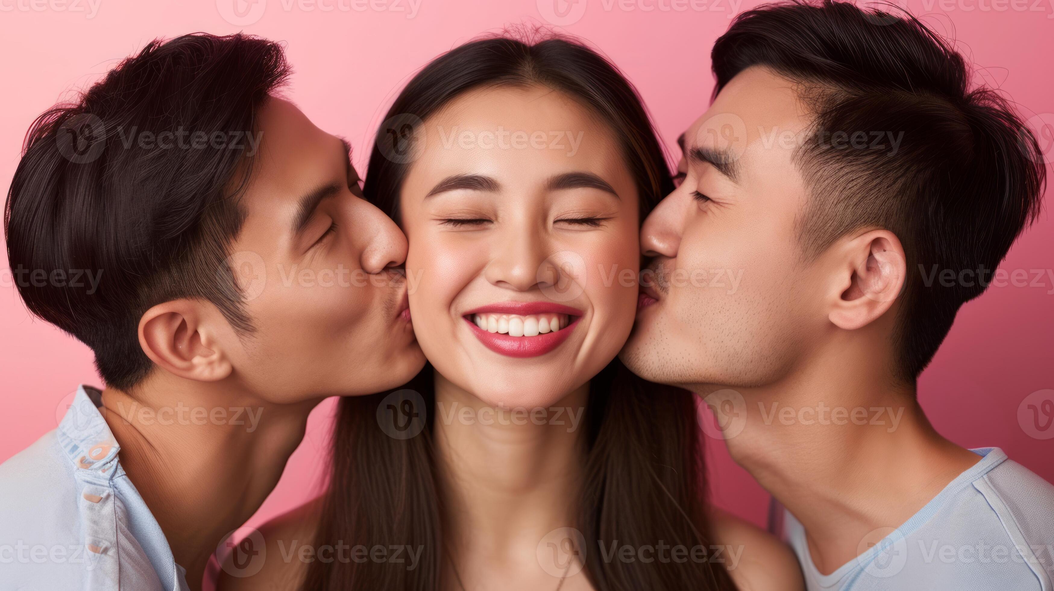 AI generated Two Asian men kissing Asian woman on the cheek on a pink background. Concept of ...